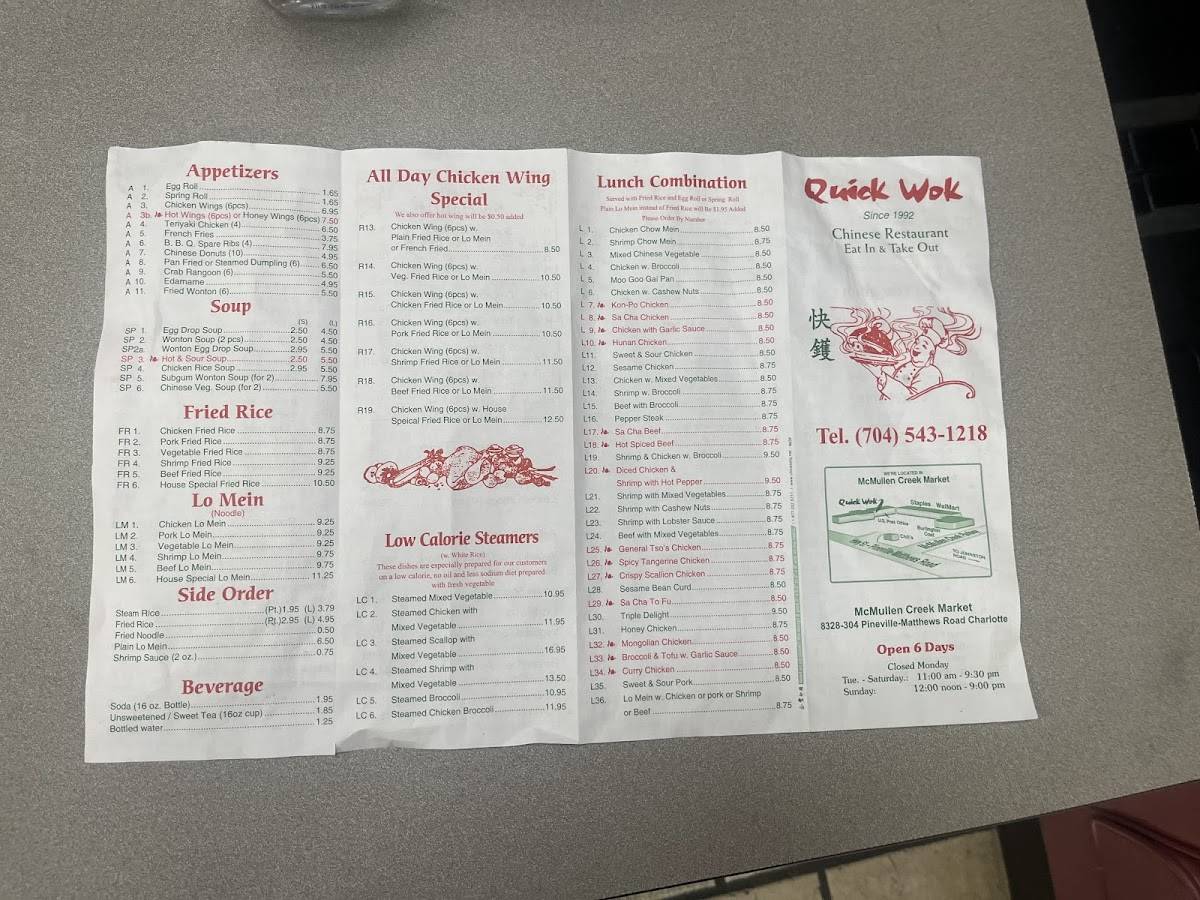 Carta del restaurante Quick Wok, Charlotte