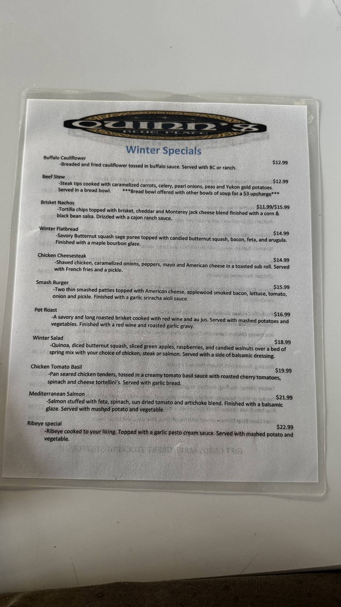 Menu at Quinns Blue Plate pub & bar, Holden
