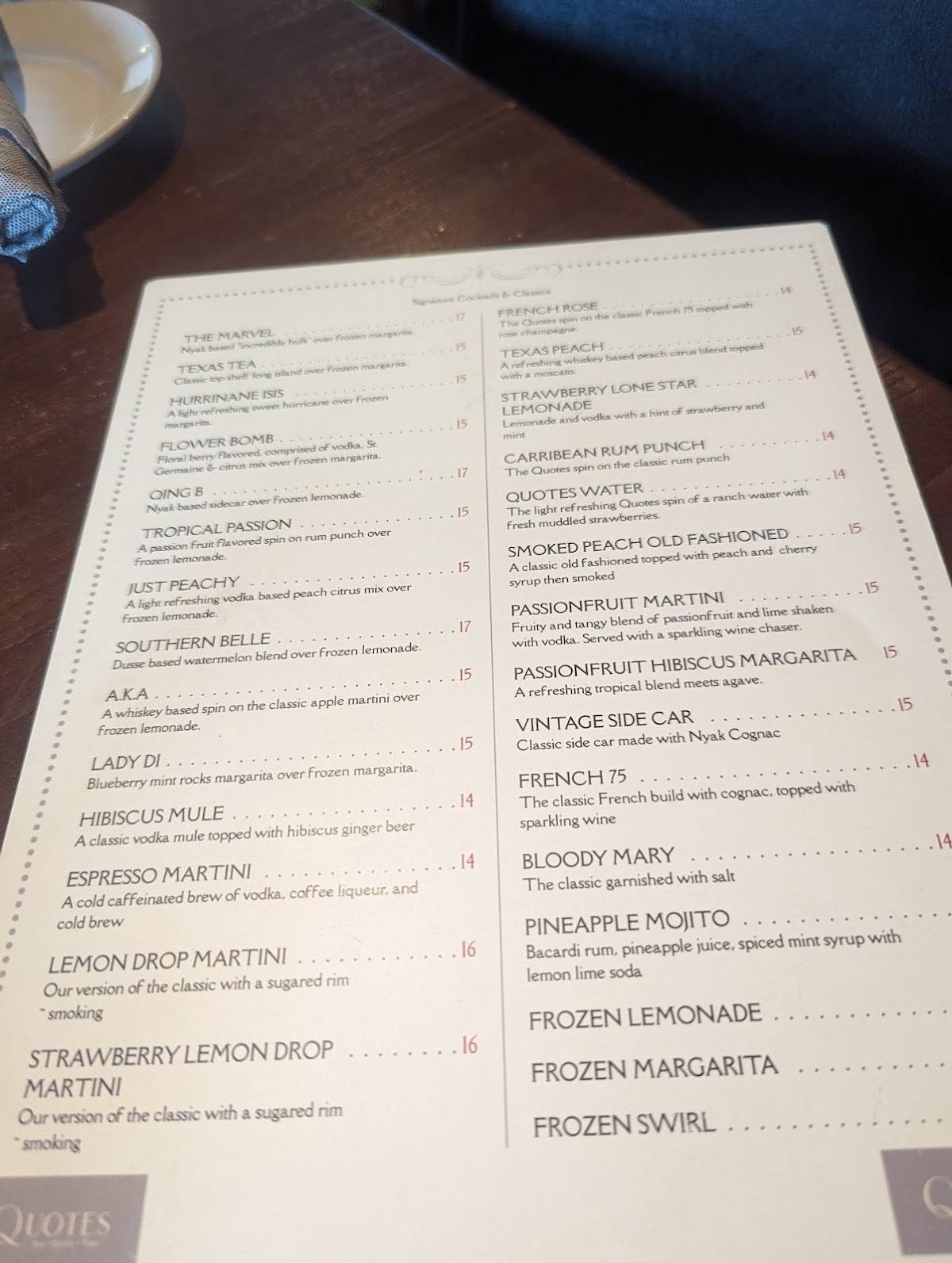 Menu at Quotes pub & bar, Houston