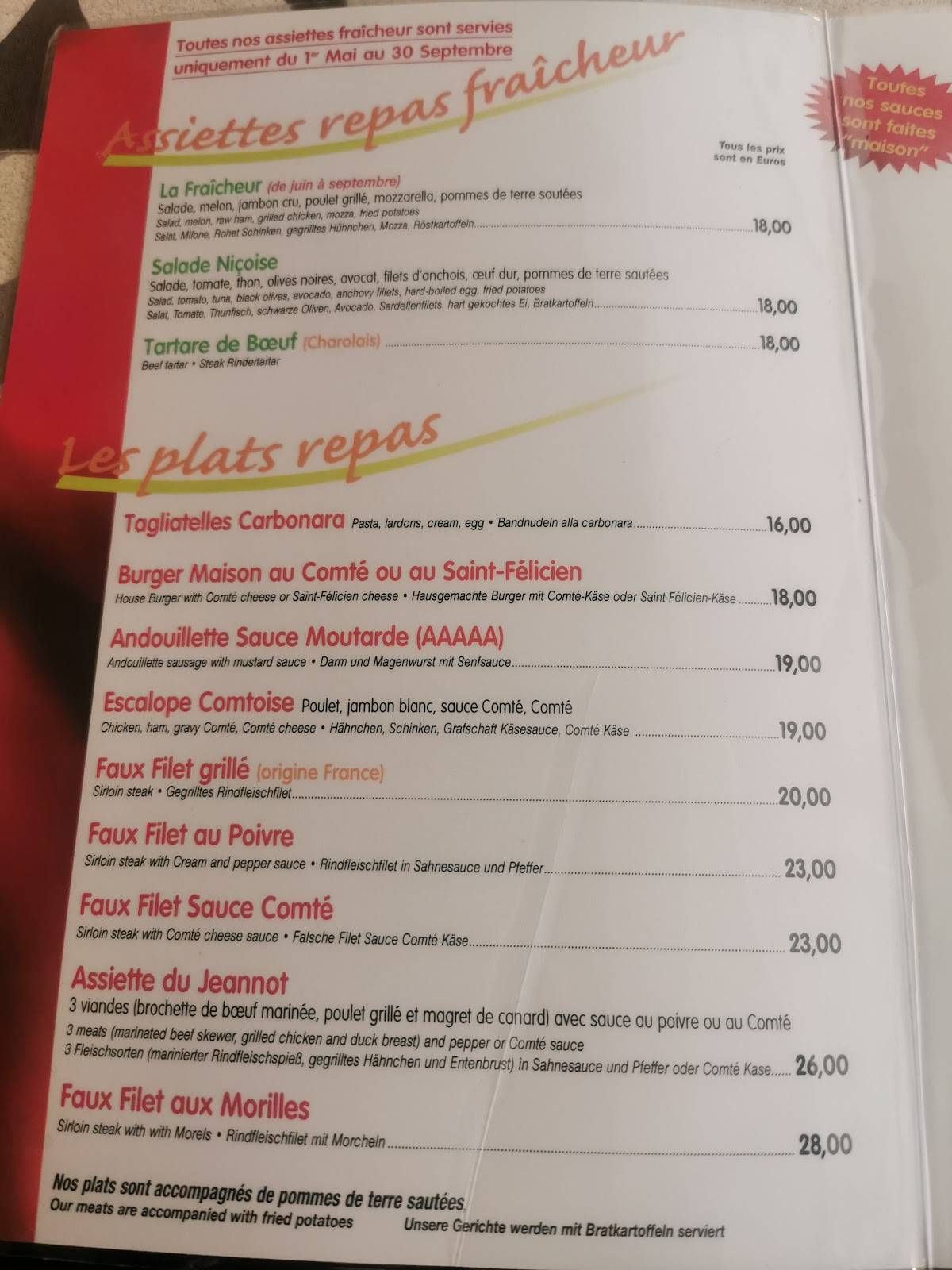 Menu au RESTAURANT CHEZ L'JEANNOT, Parcey, 51 Rte nationale