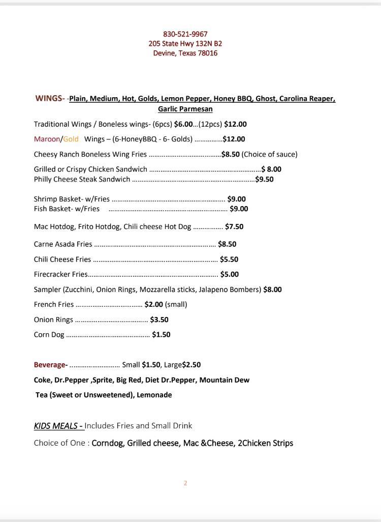 Carta del restaurante RJ's Diner, Devine, 205 TX-132