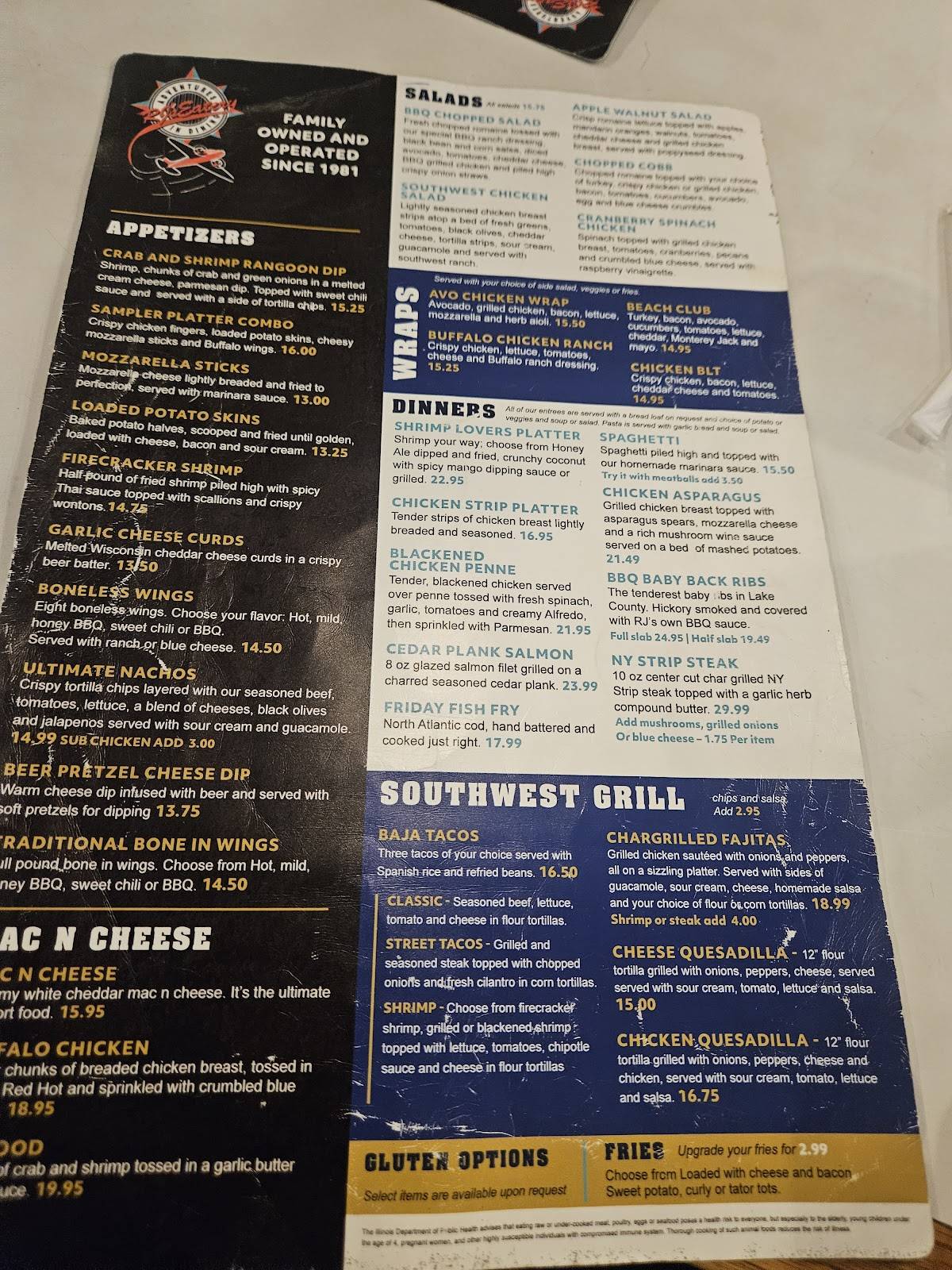 Menu at RJ's On The Lake pub & bar, Lindenhurst