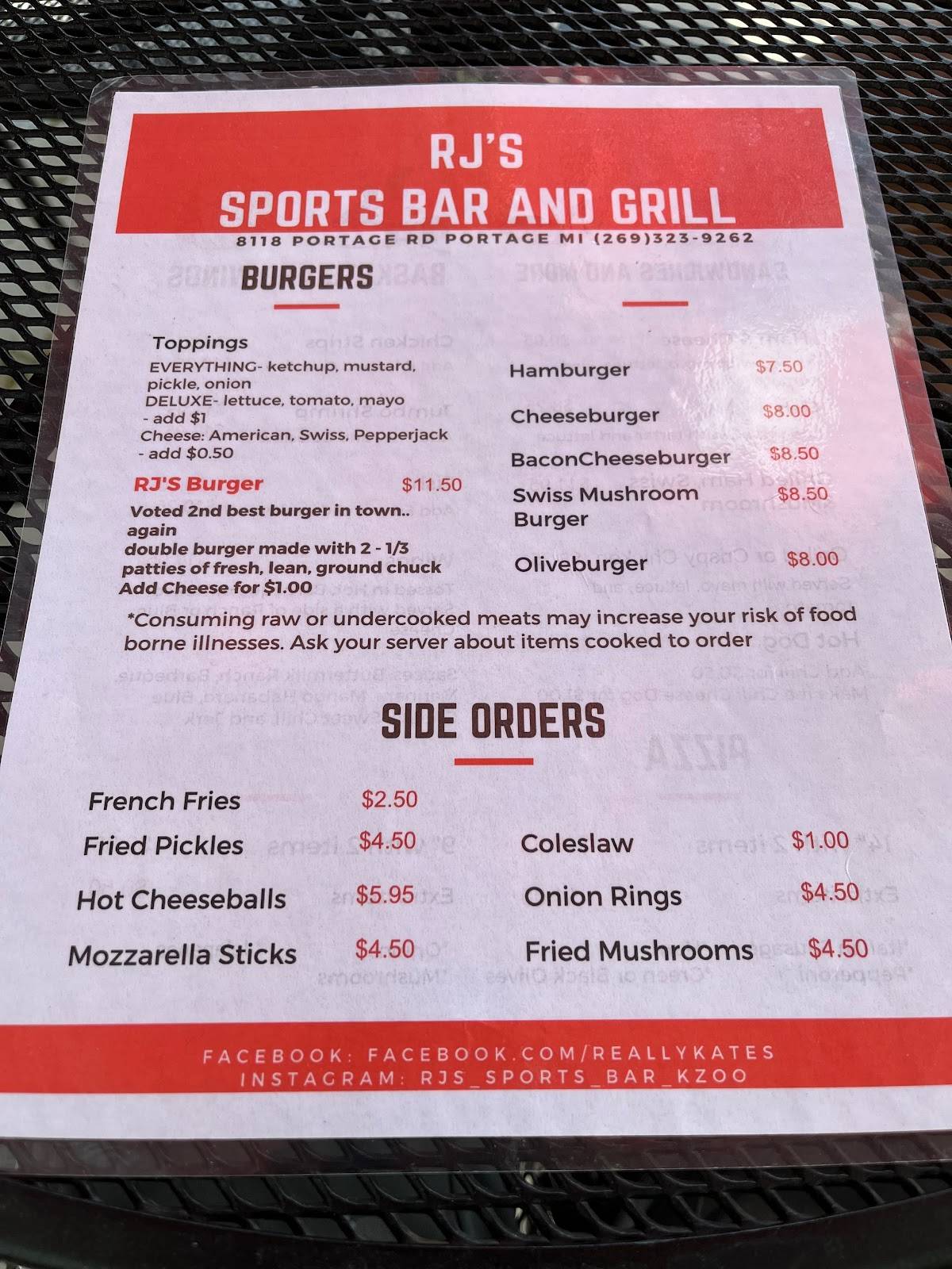 Menu at RJ's Sports Bar & Grill, Portage