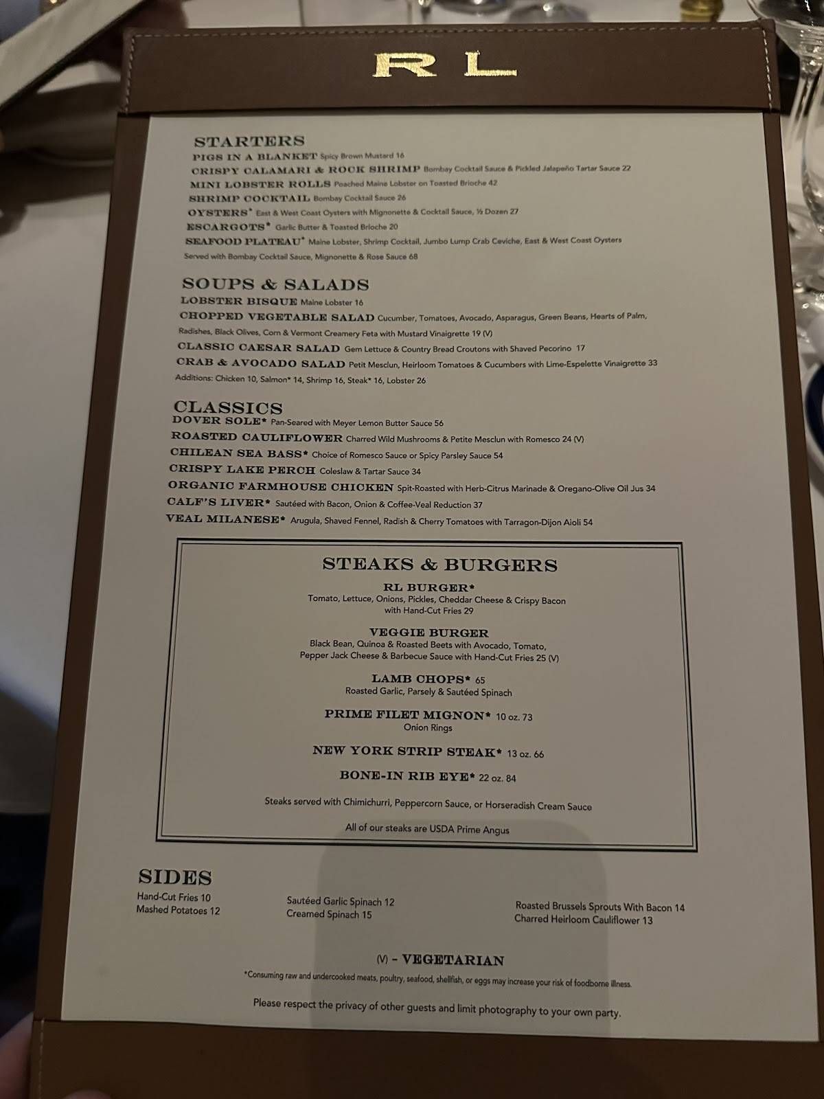 Menu at RL Restaurant, Chicago, 115 E Chicago Ave