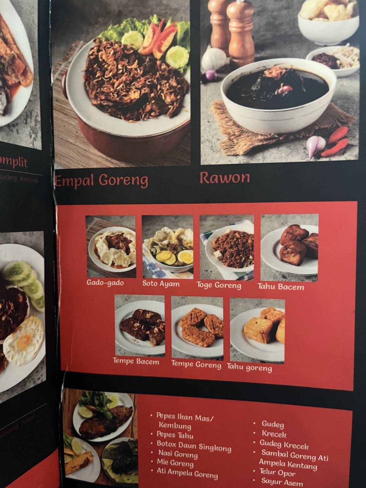 Menu at RM Kalasan restaurant, Cilegon
