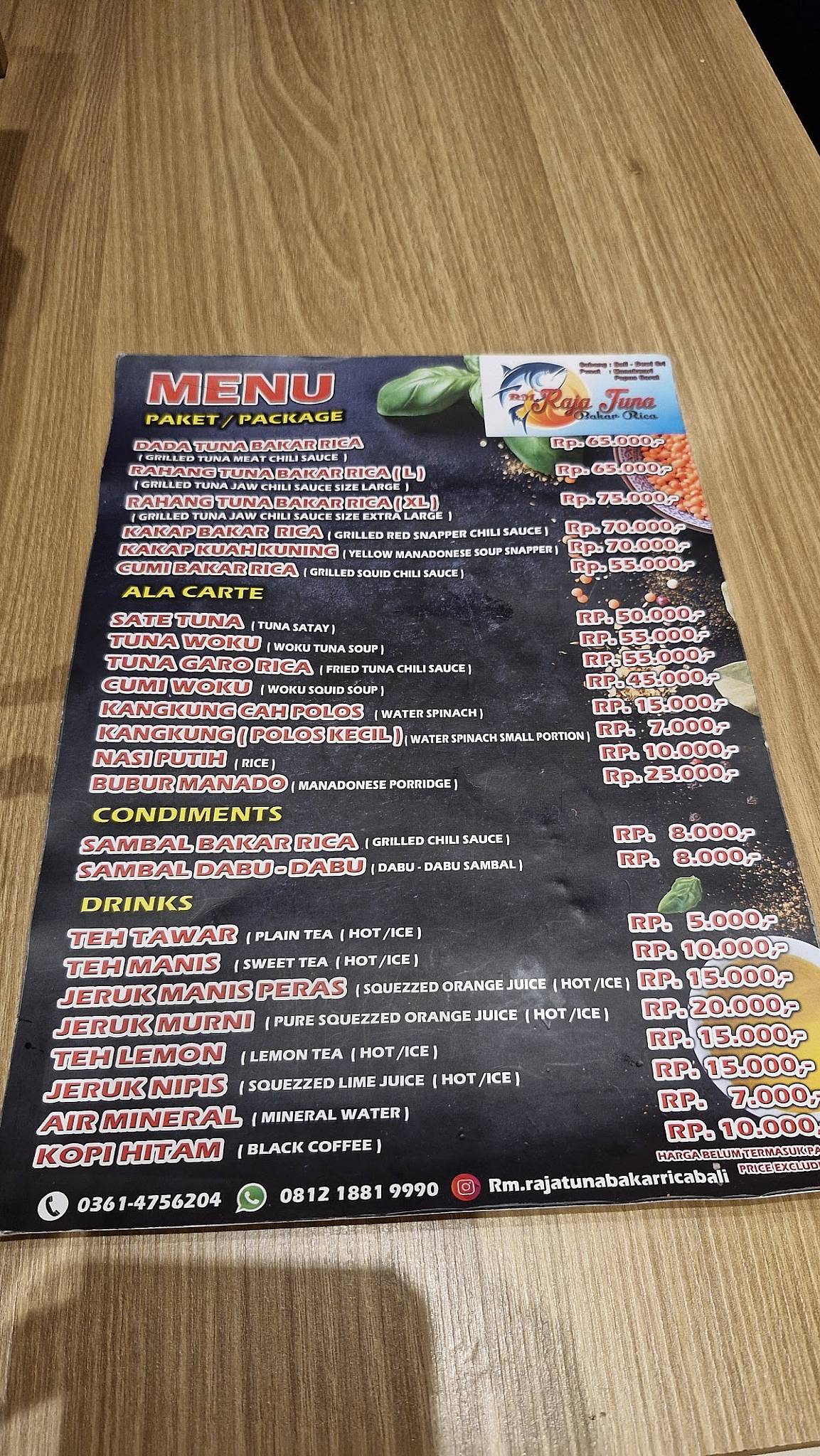 Menu at RM Raja Tuna Bakar Rica, Cabang Papua restaurant, Mengwi