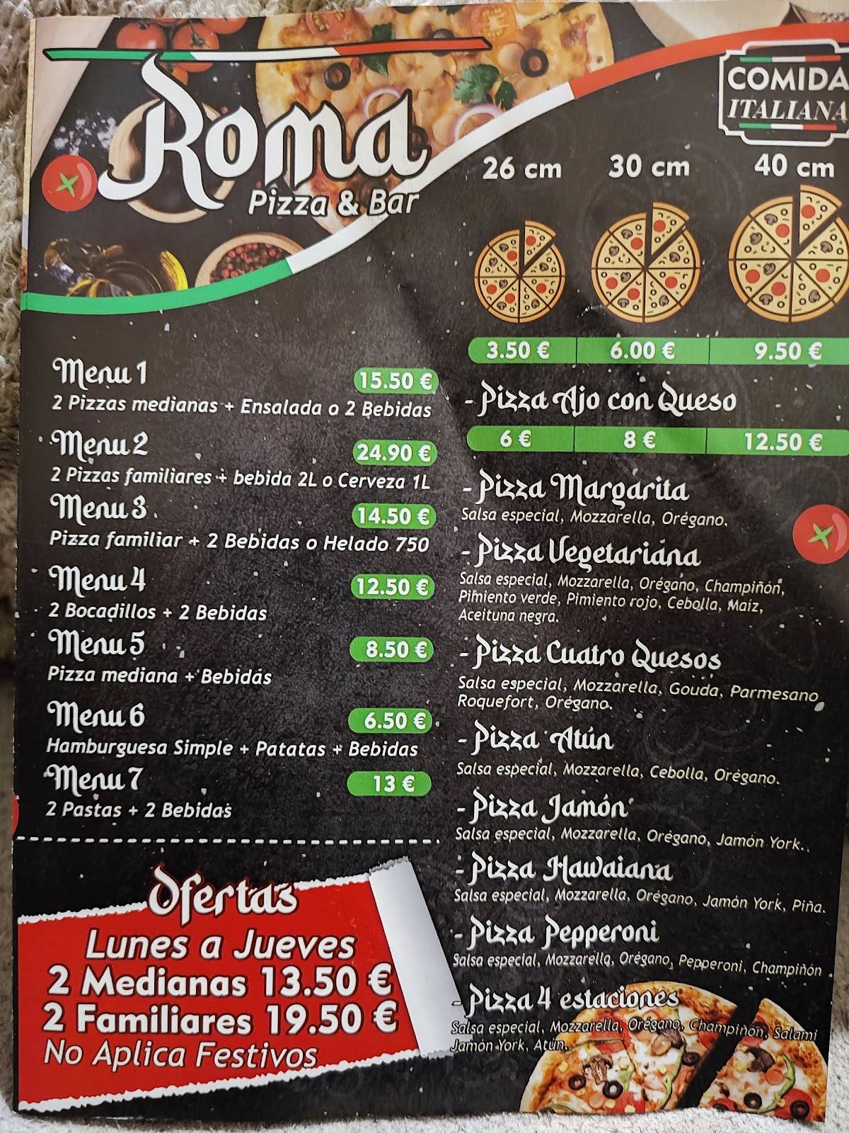 Carta de ROMA Pizzería y Bar, Alcantarilla