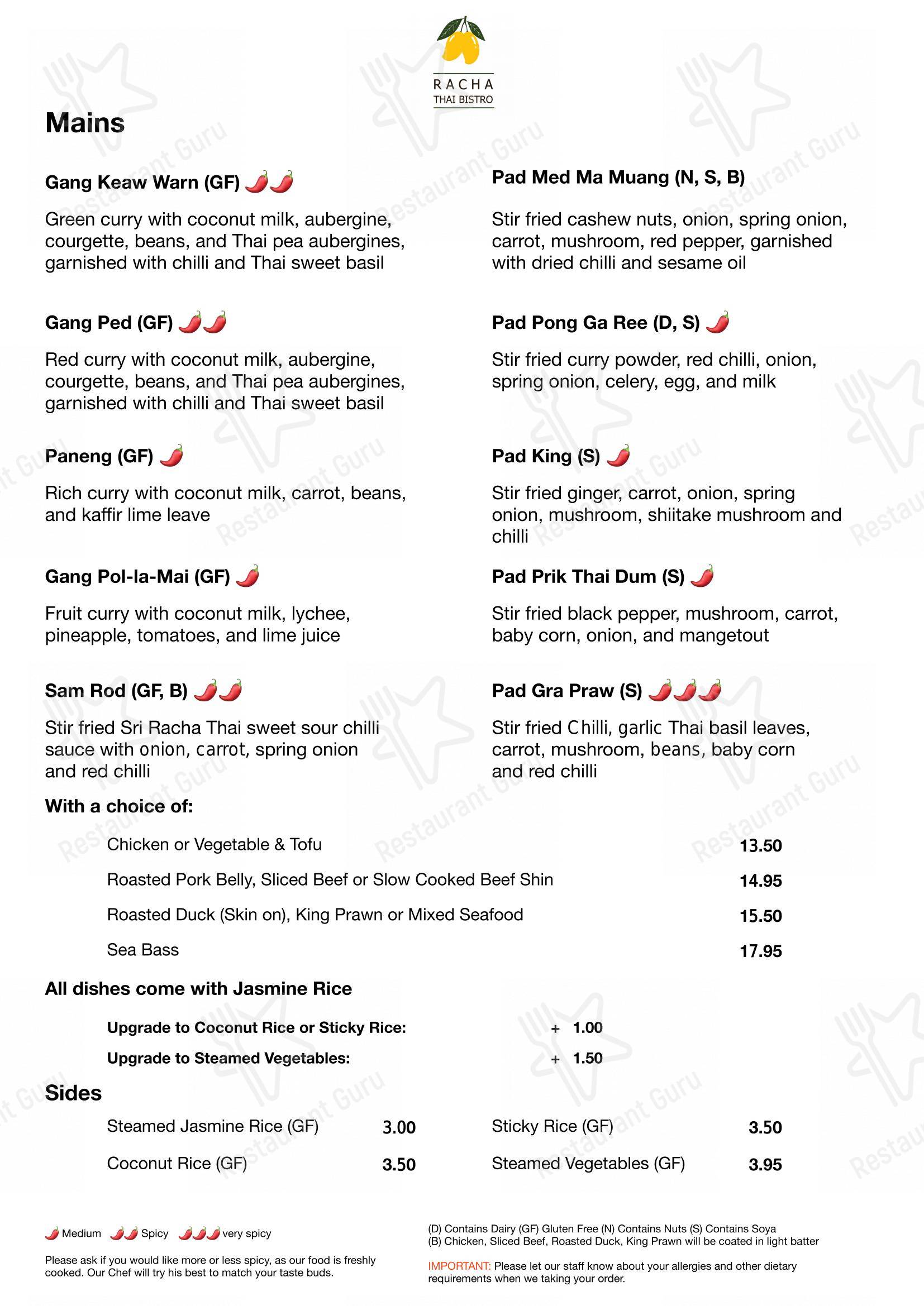 Menu at Racha Thai Bistro restaurant, Thirsk