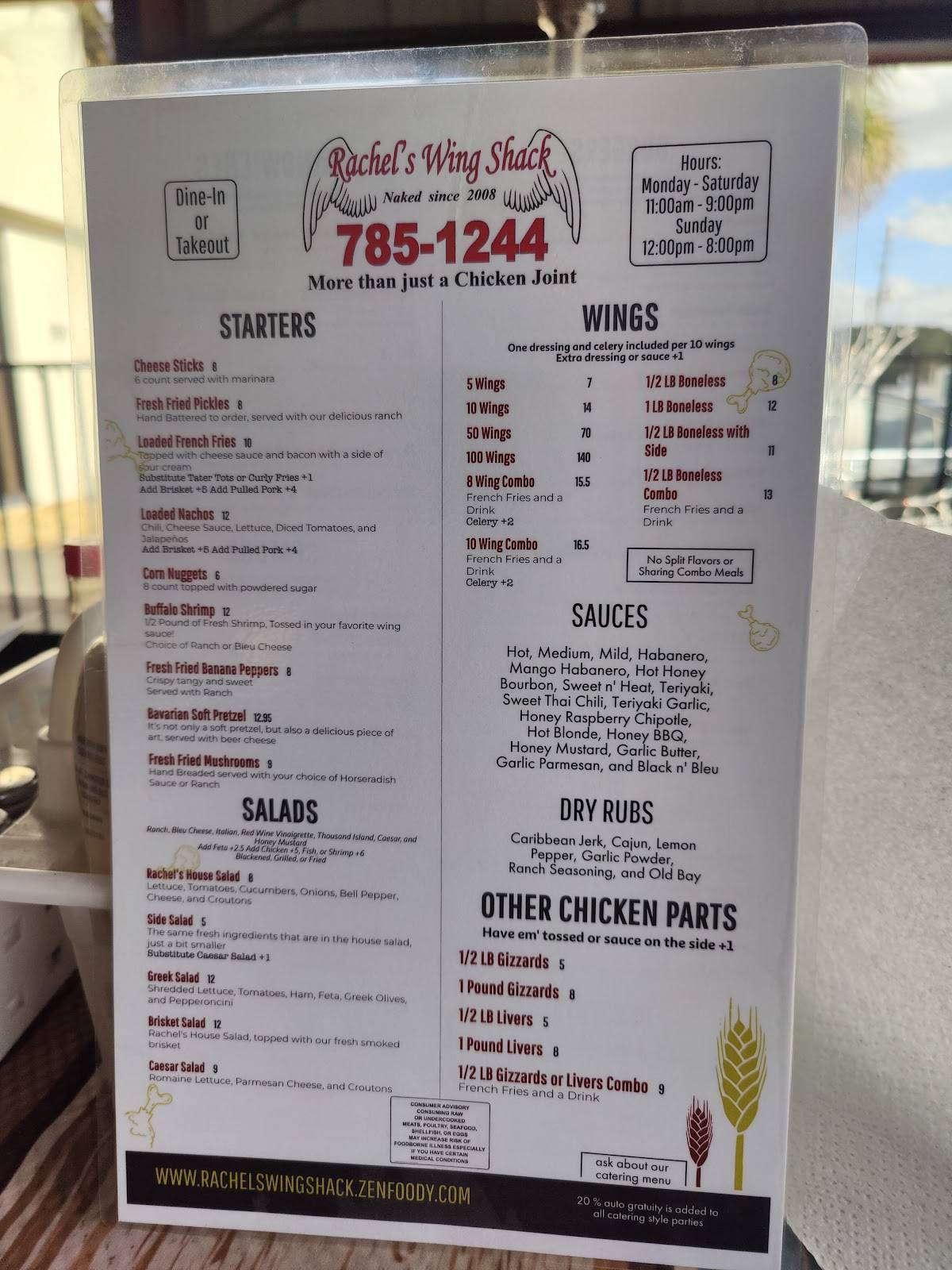 Menu at Rachel's wingshack restaurant, DeLand