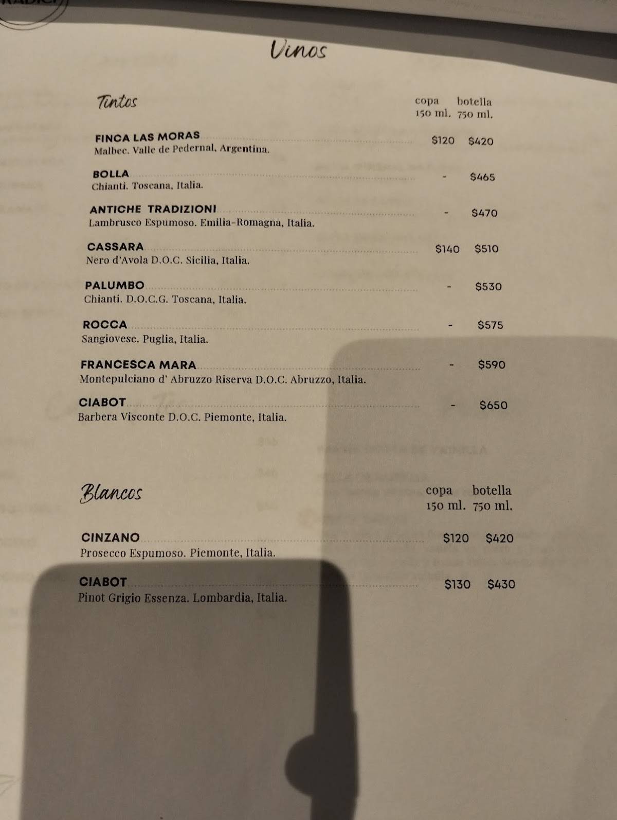 Menu at Radici Pizza Napolitana restaurant, Mexico City