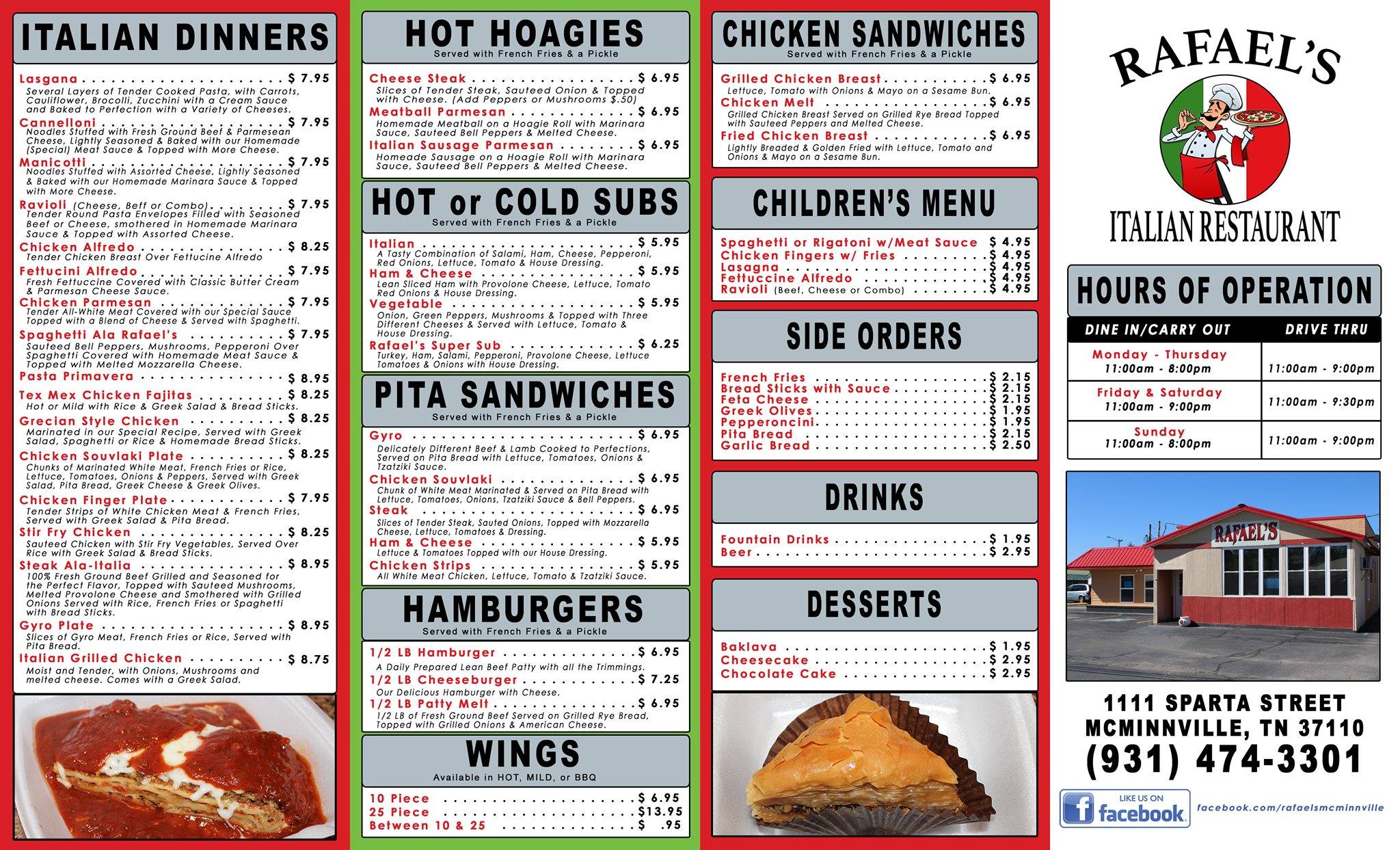 Menu at Rafael's Italian Restaurant, McMinnville, Sparta St