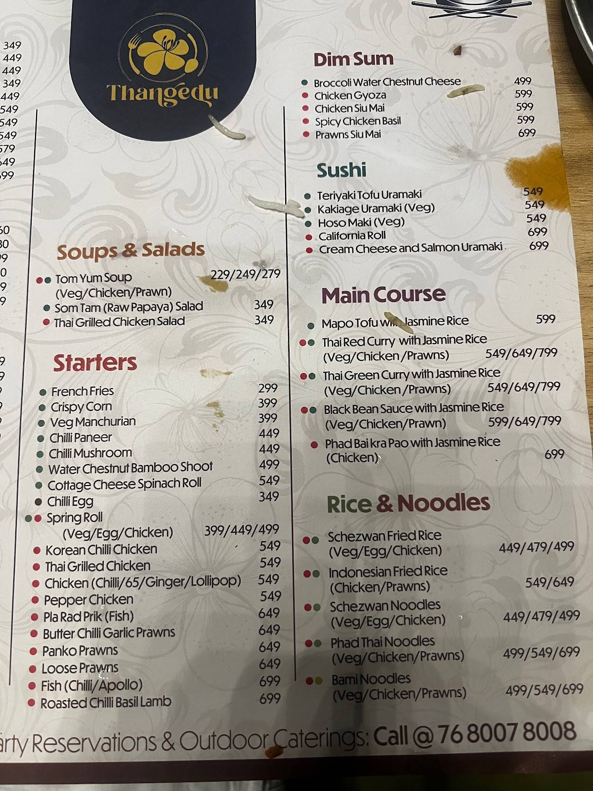 Menu at Thangedu, Rai Durg