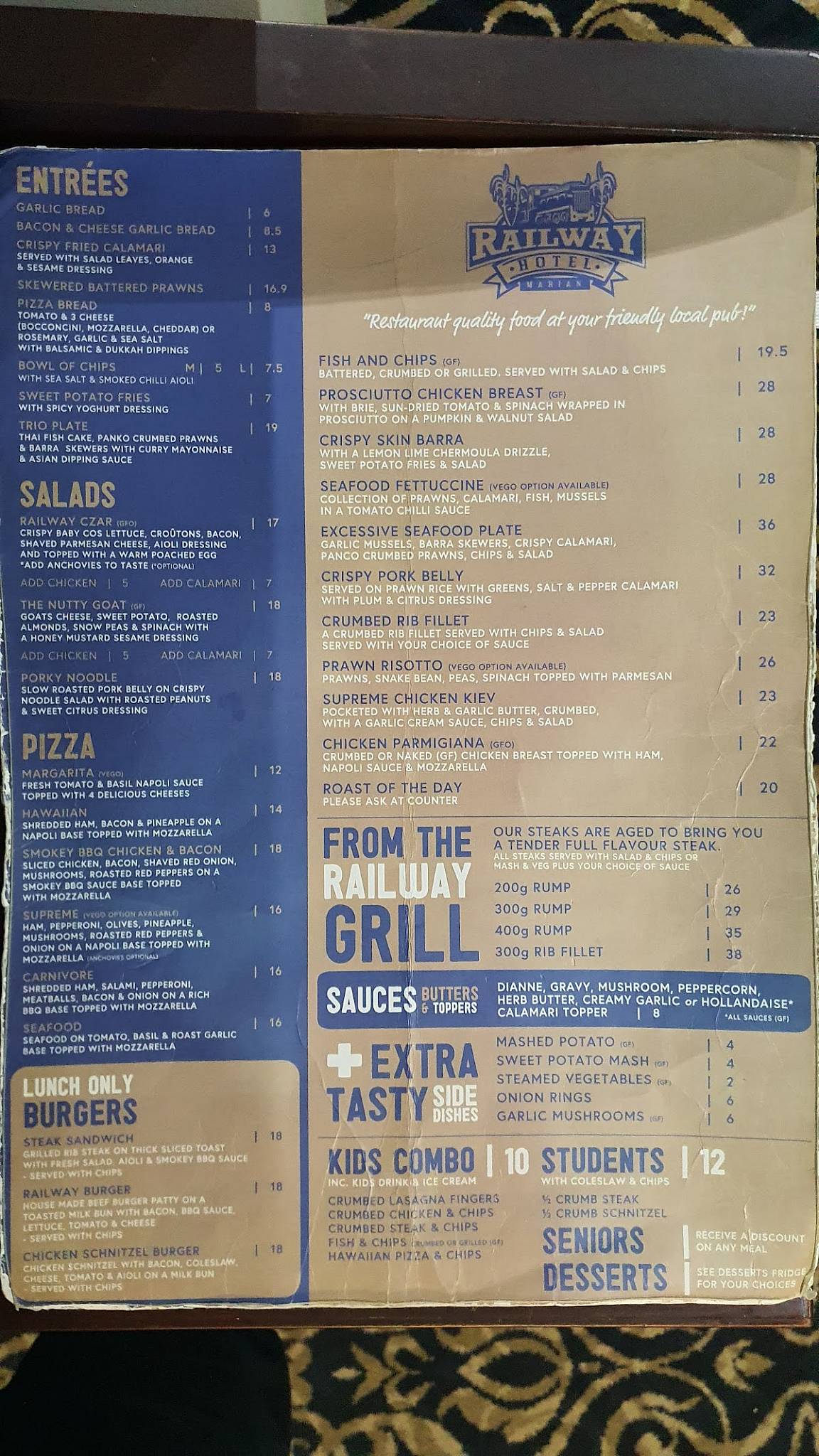 Menu at Railway Hotel pub & bar, Marian