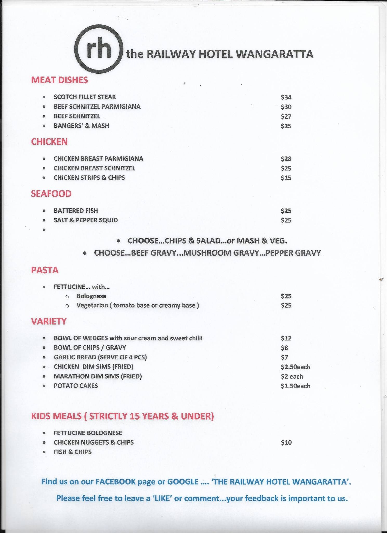 Menu at Railway Hotel restaurant, Wangaratta
