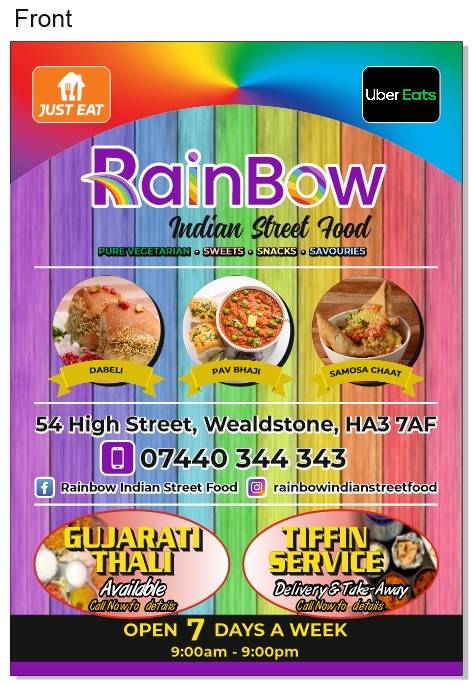 Menu at Rainbow Indian street food restaurant, Harrow