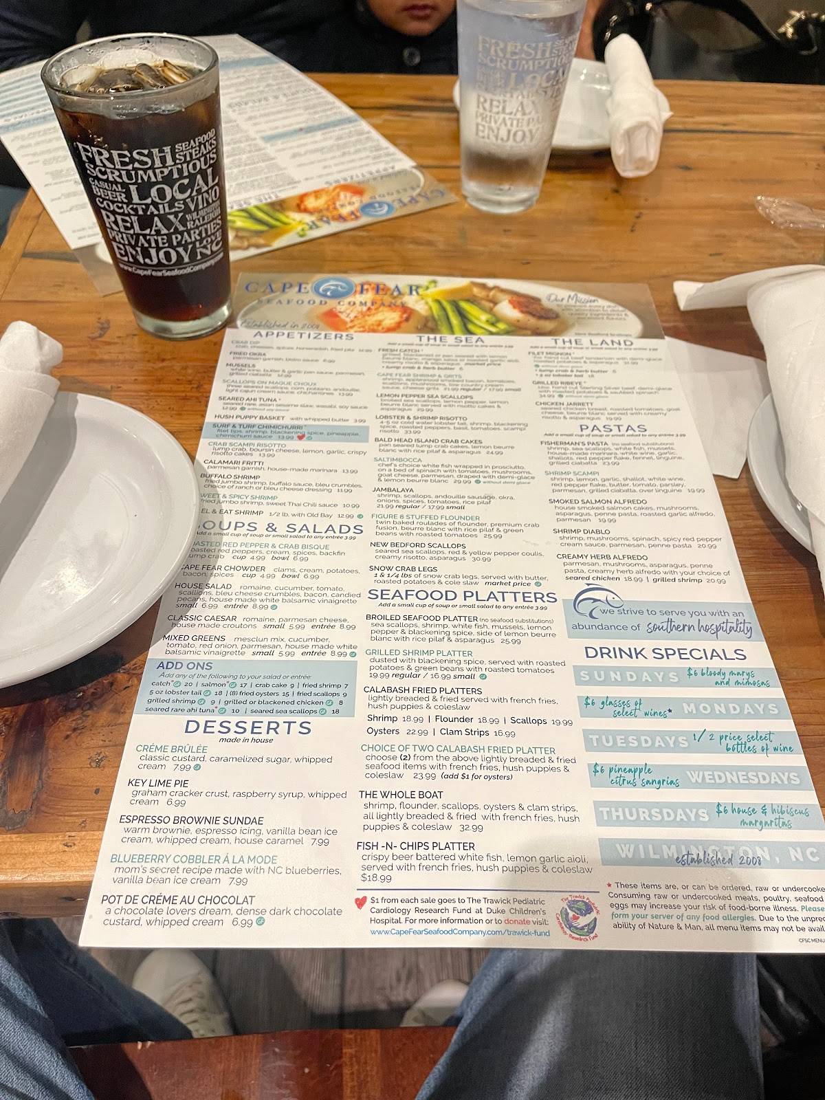 Menu at Cape Fear Seafood Company restaurant, Raleigh, 832 Spring Forest Rd