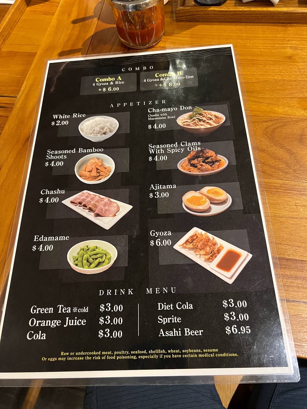 Menu at Ramen Akatsuki restaurant, Honolulu