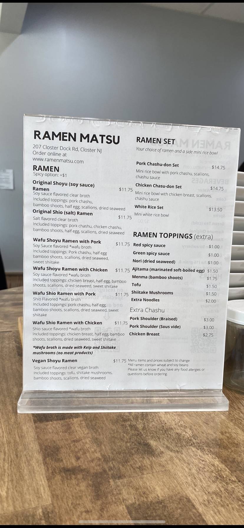 Menu at Ramen Matsu restaurant, Closter