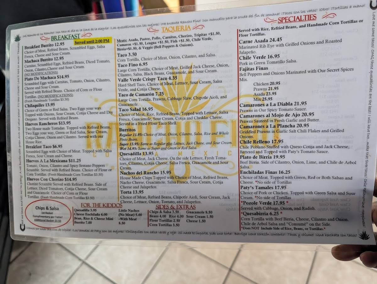 Menu at Rancho Fino Cocina Mexicana restaurant, Fairfield