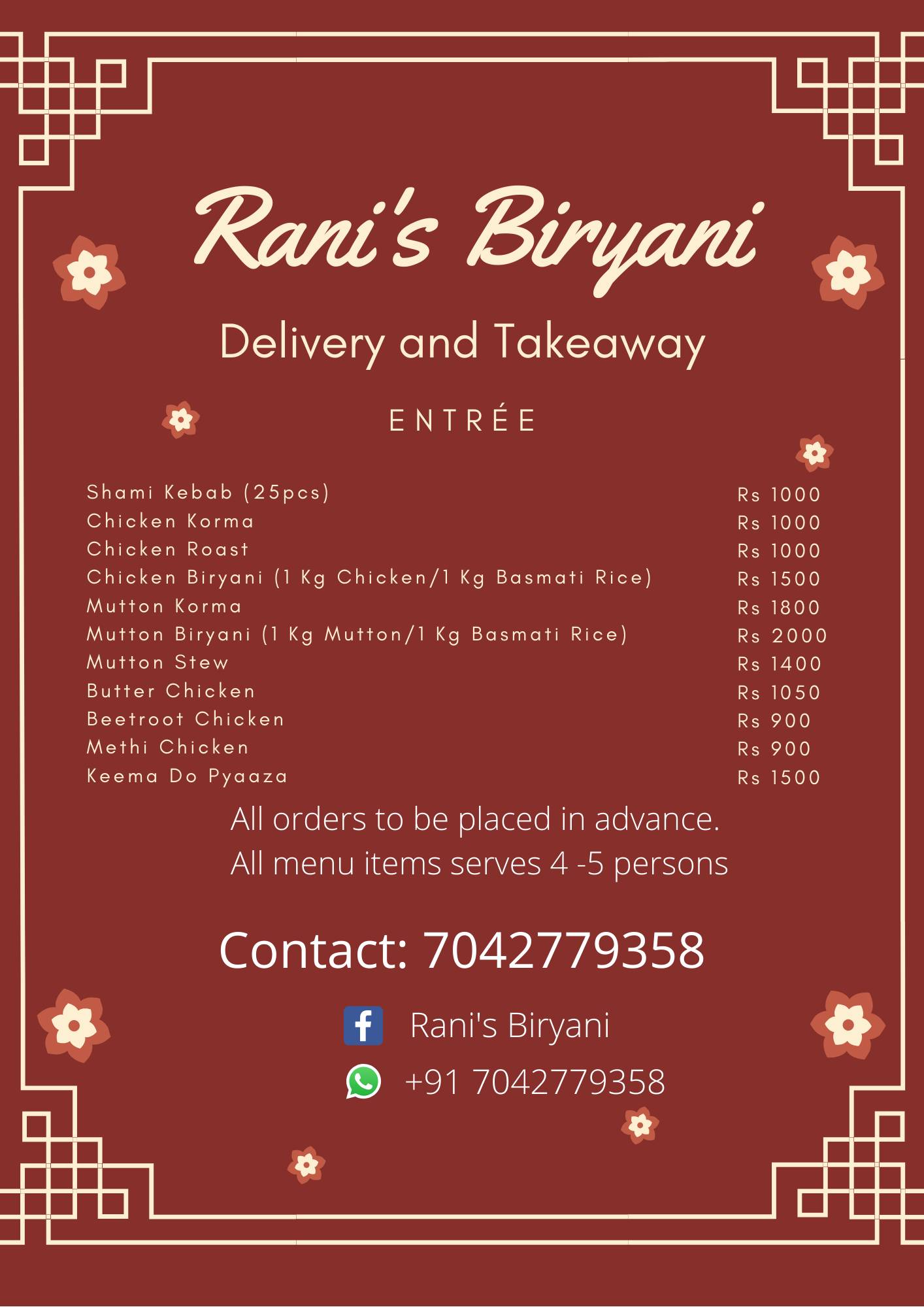 Menu at Rani's Biryani, Jaipur