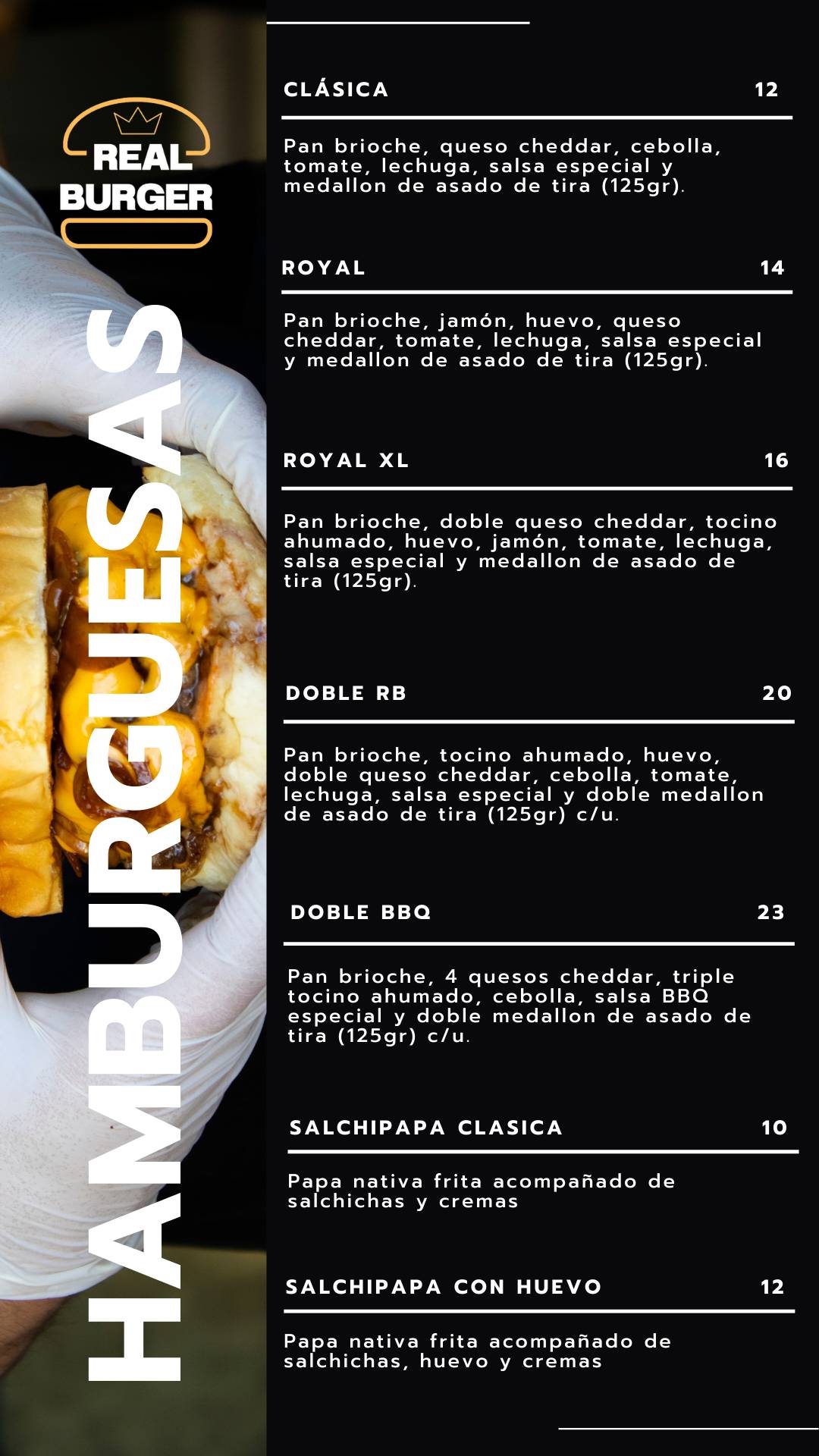 Menu at Real Burger restaurant, San Martín de Porres