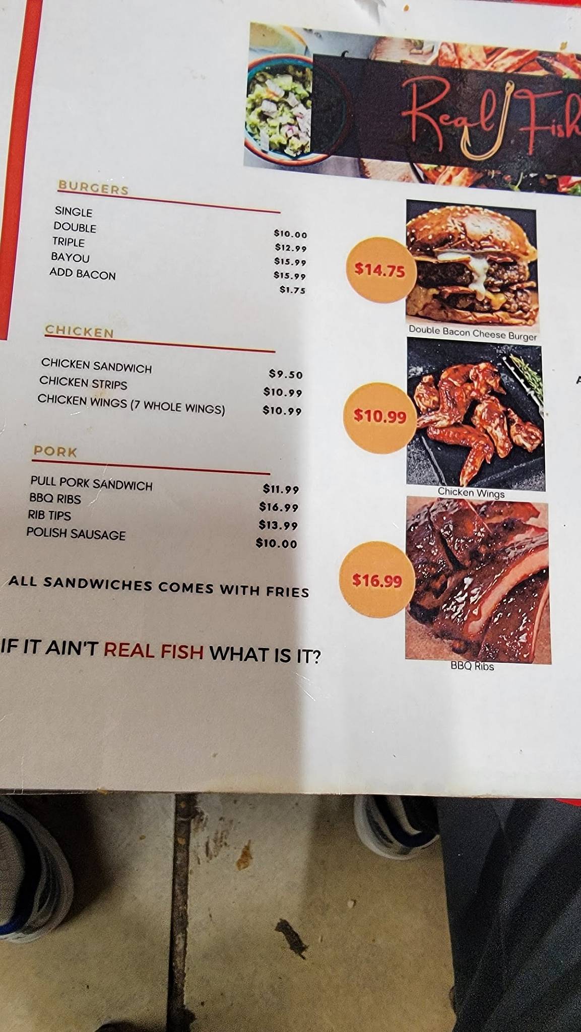 Menu at Real Fish restaurant, England