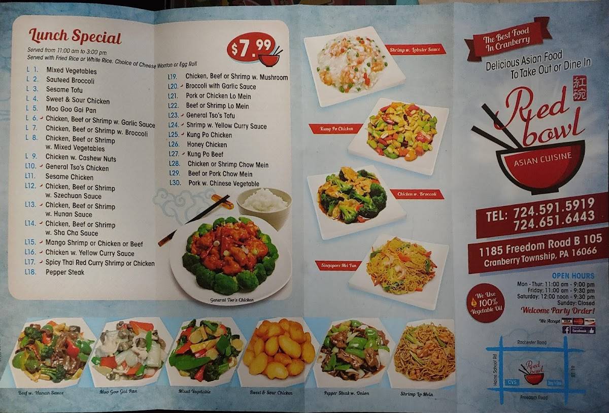 Menu at Red Bowl China restaurant, Cranberry Township