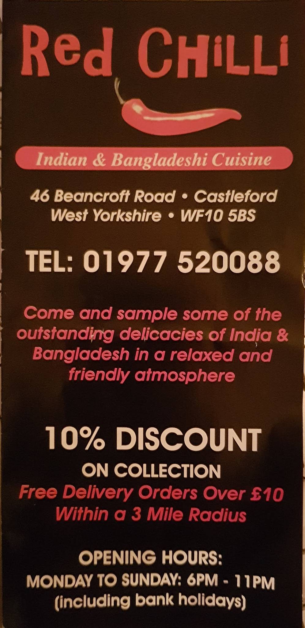 Menu at Red Chilli restaurant, Castleford