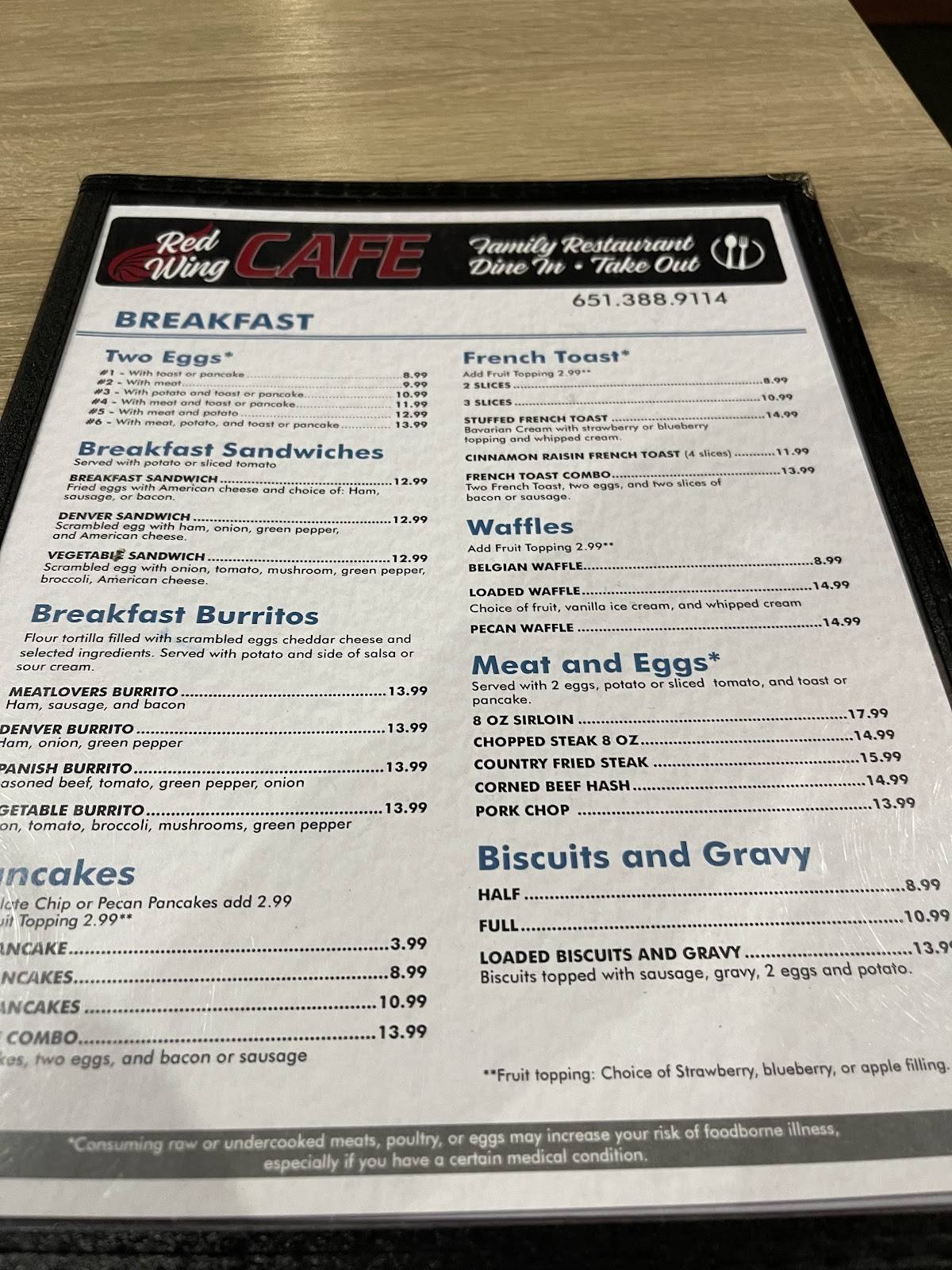 Menu at Red Wing Cafe, Red Wing