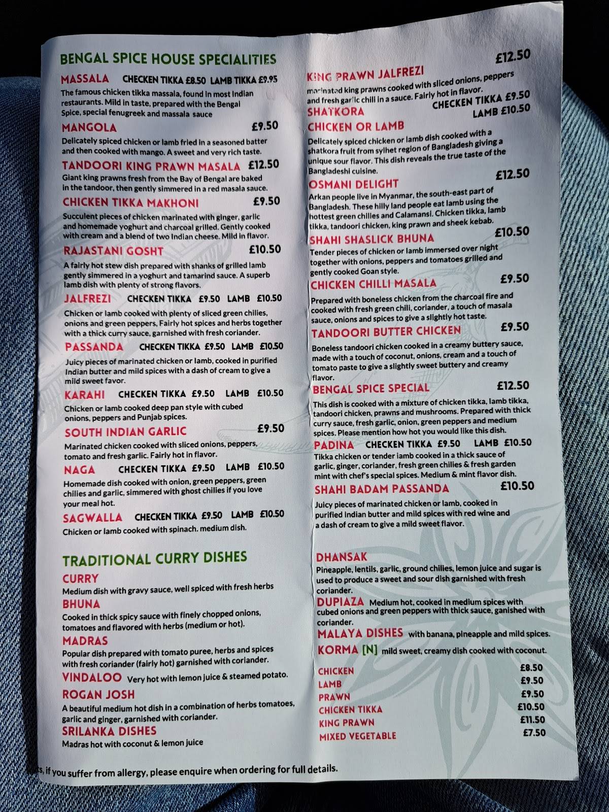 Menu at Bengal Spice restaurant, Redcar