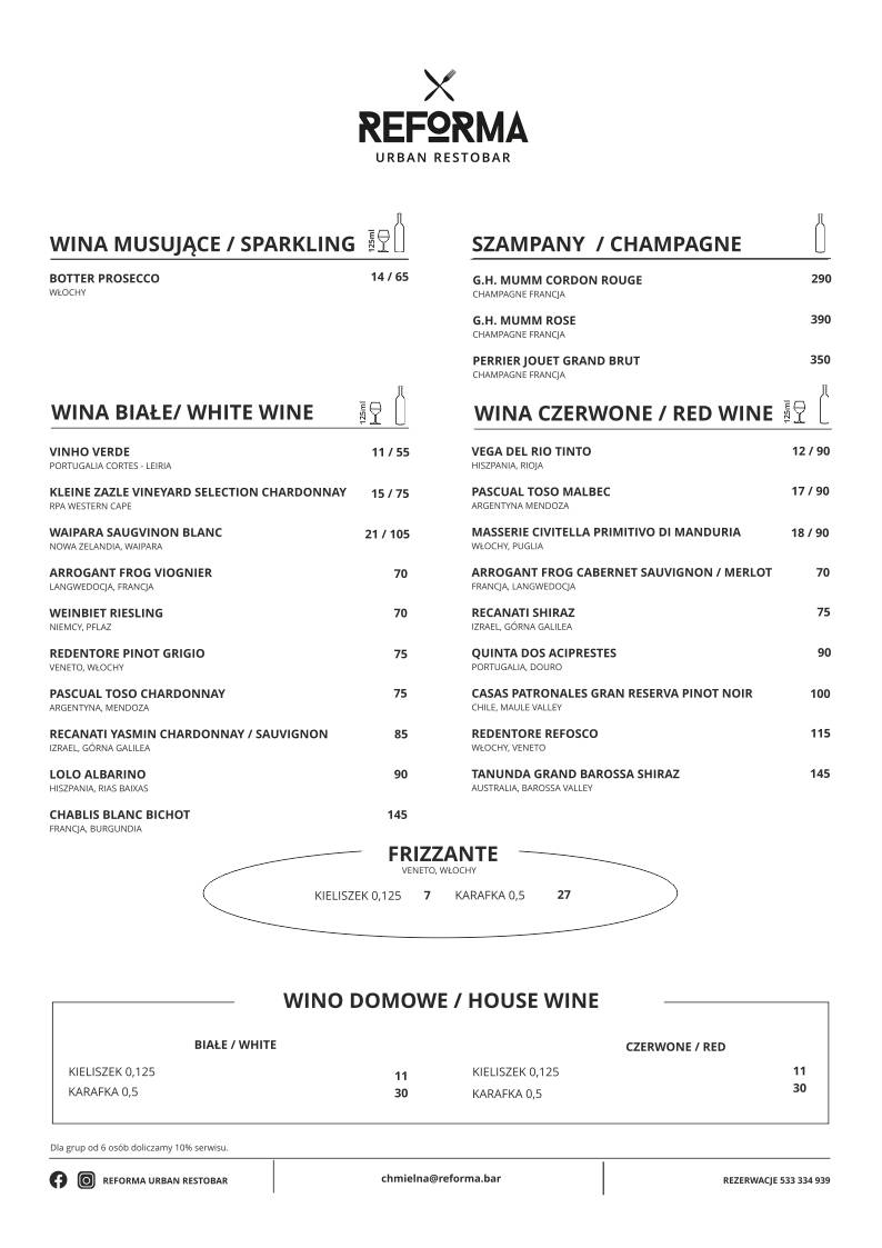 Menu at Reforma Urban restaurant, Warsaw