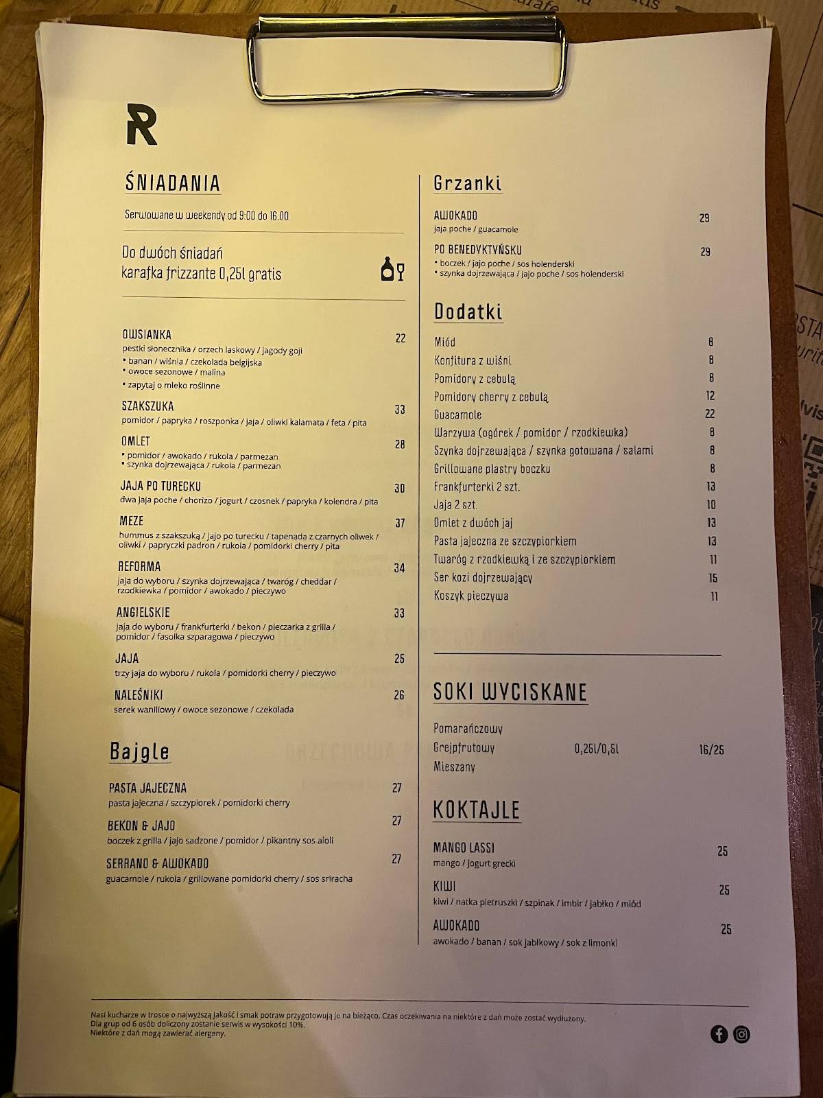 Menu at Reforma Urban restaurant, Warsaw