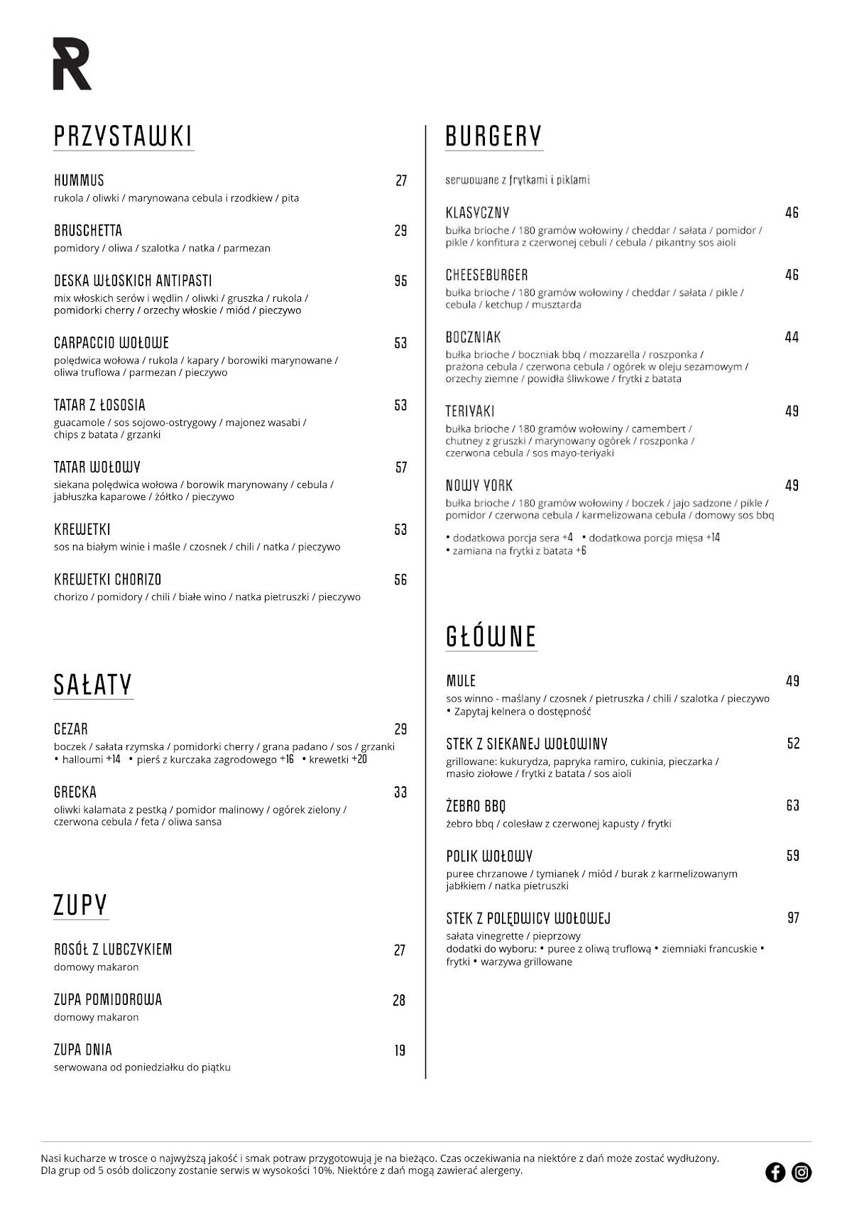 Menu at Reforma Urban restaurant, Warsaw