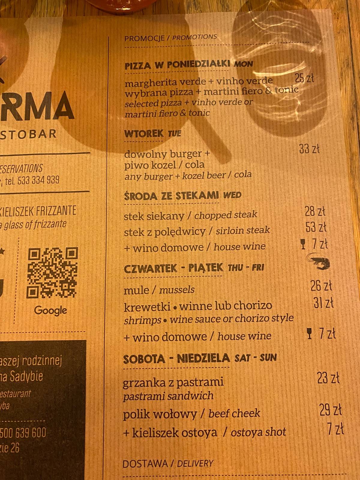 Menu at Reforma Urban restaurant, Warsaw