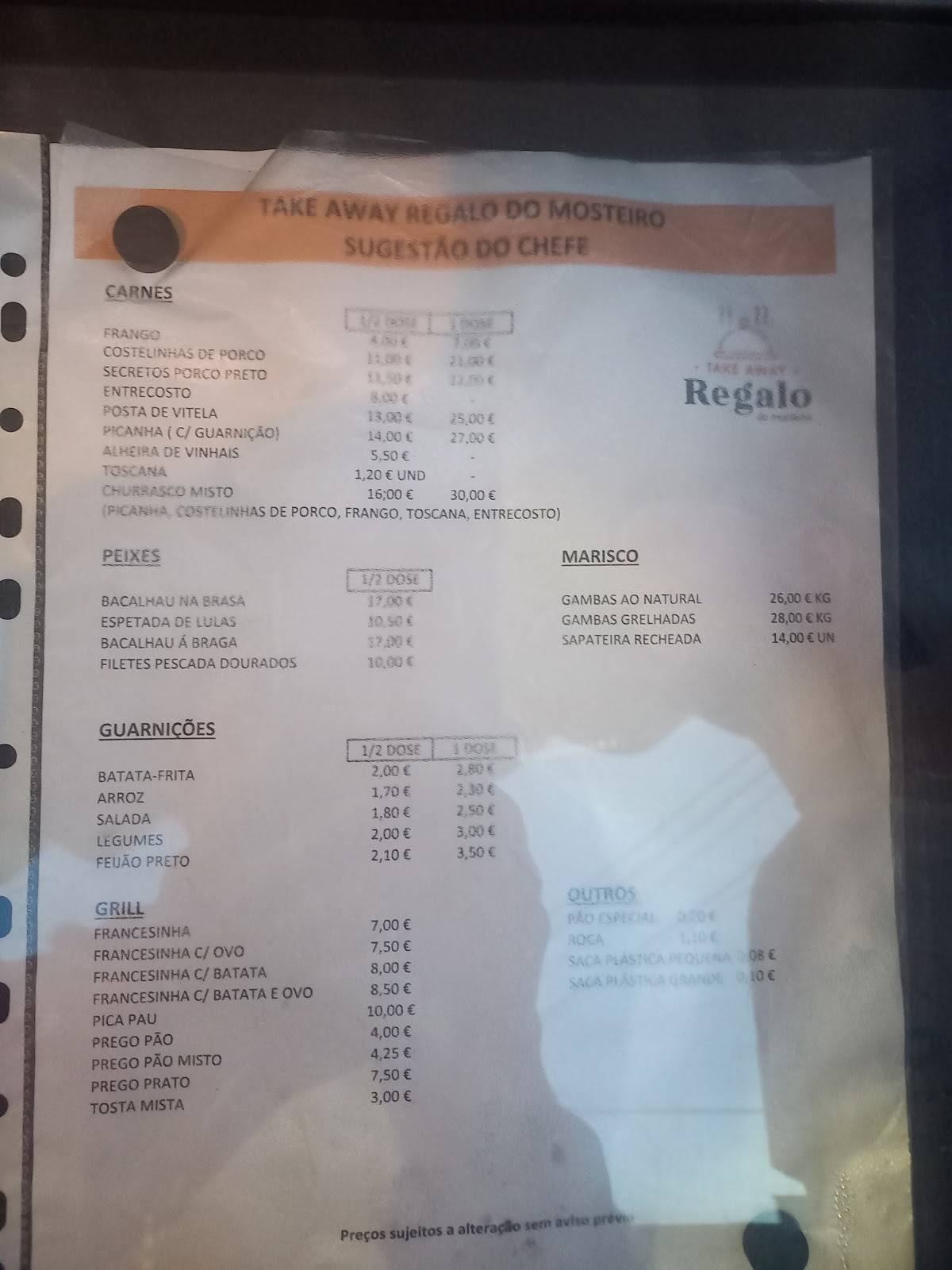 Menu em Regalo do Mosteiro - Take Away restaurante, Milheirós