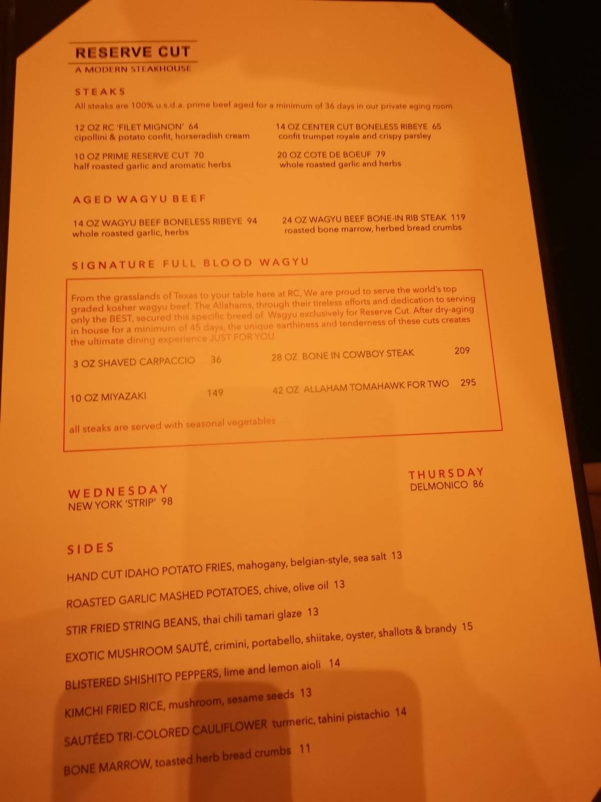Menu at Reserve Cut steakhouse, New York City