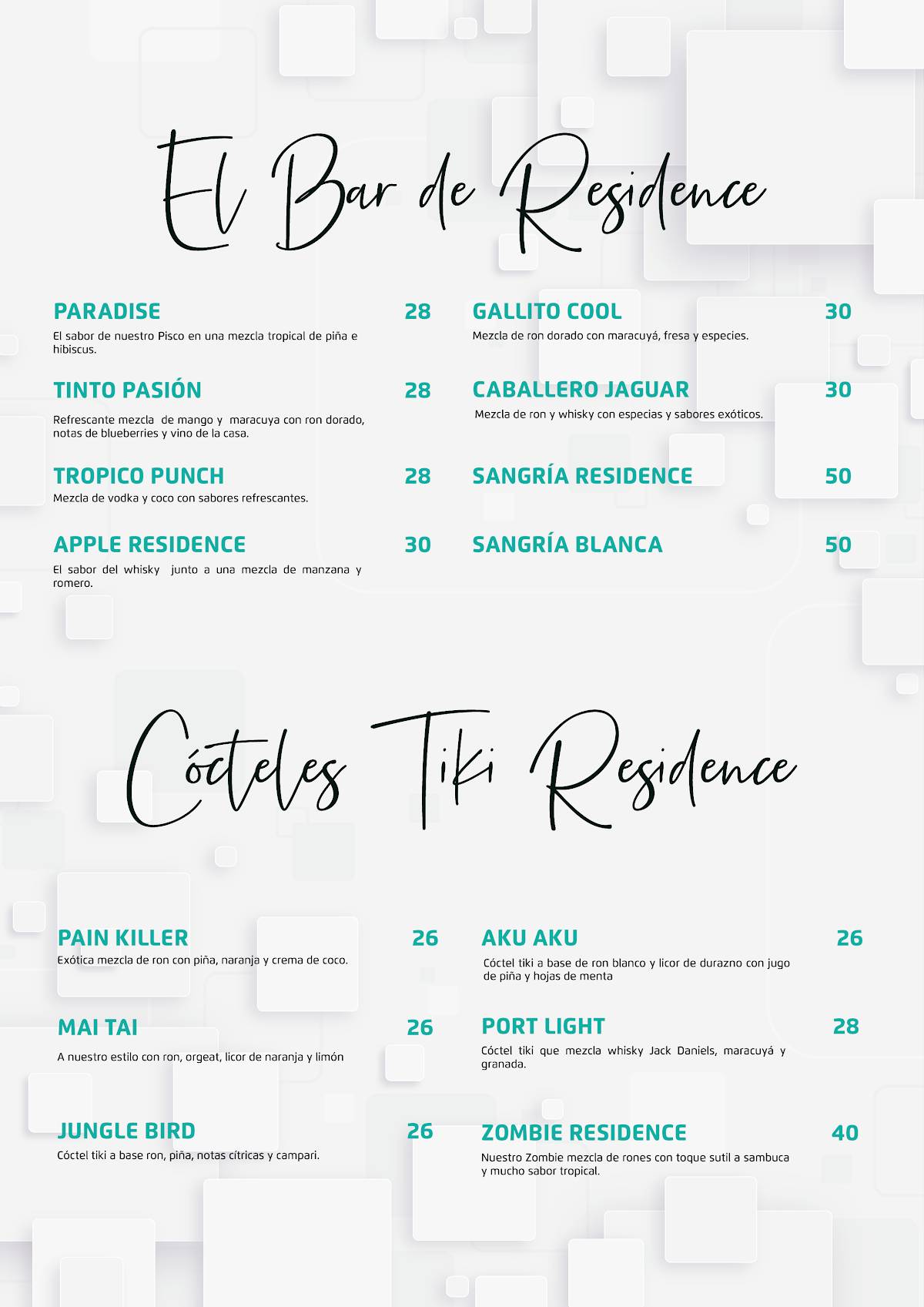 Carta de Residence Lounge Bar, Piura