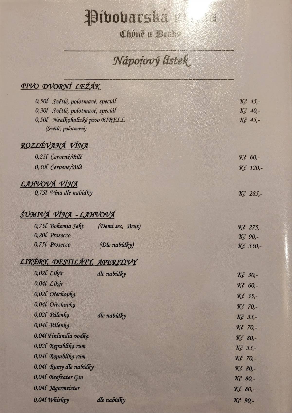 Menu at Restaurace Pivovarská krčma pub & bar, Chýně