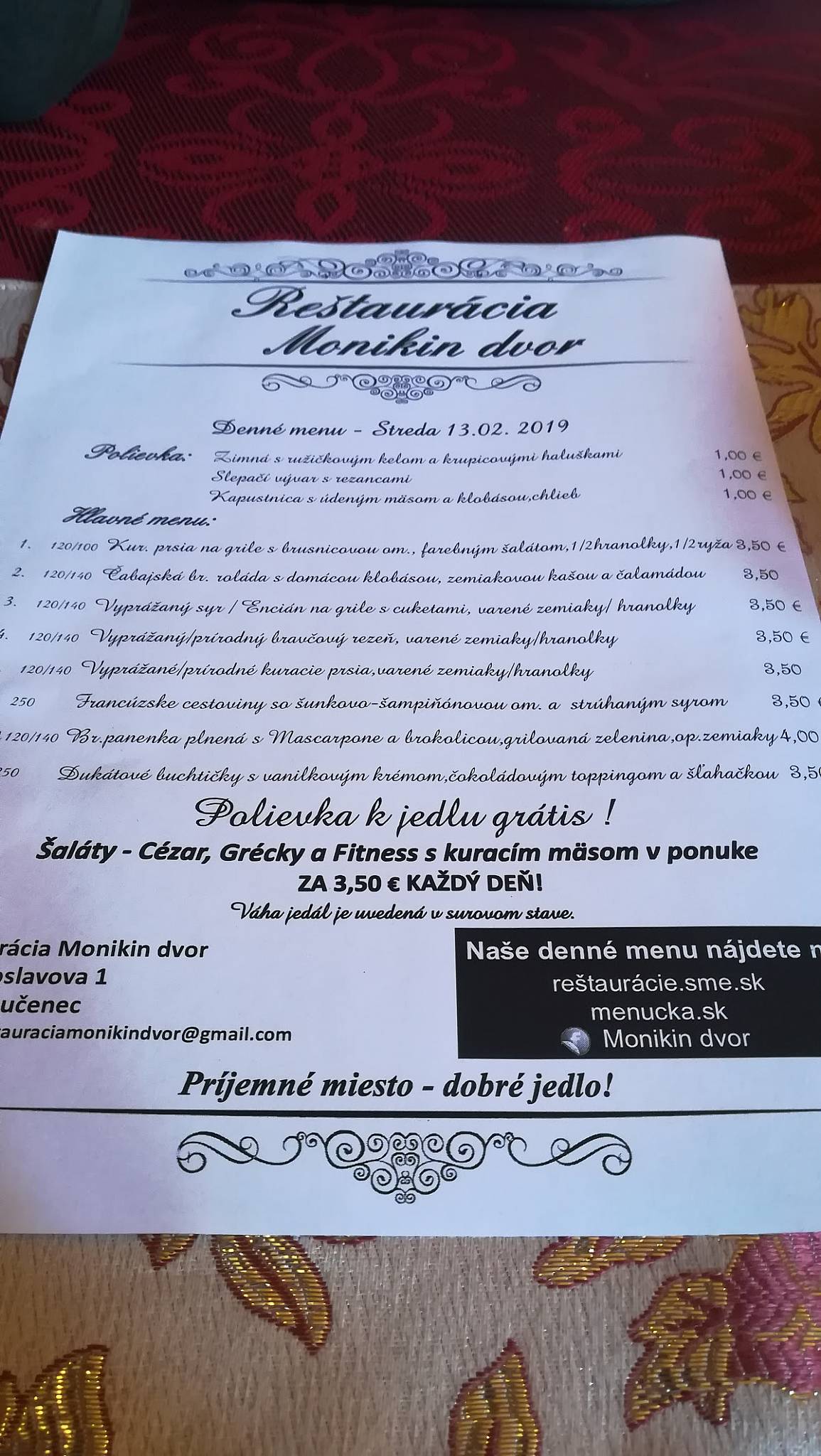 Menu at Reštaurácia Monikin Dvor restaurant, Lučenec