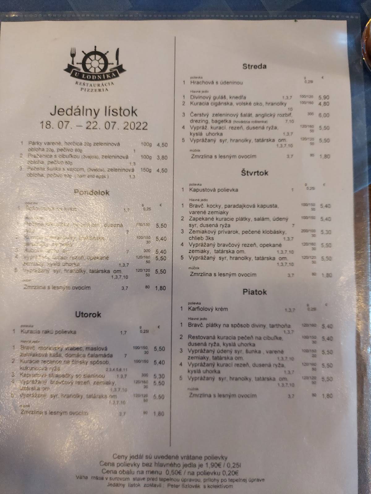 Menu at Reštaurácia U Lodníka restaurant, Bratislava, 12