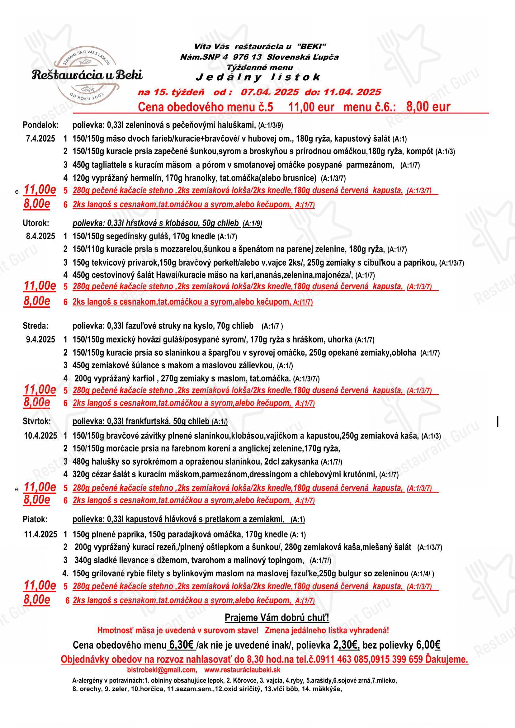 Menu at Reštaurácia u Beki restaurant, Slovenská Ľupča