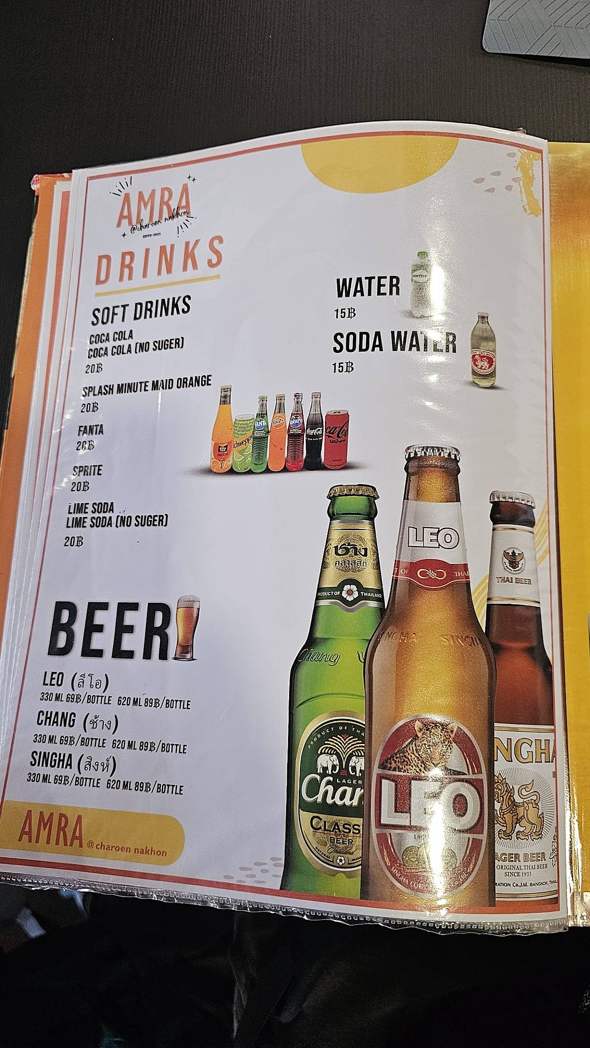 Menu at AMRA Thai Cuisine restaurant, Bangkok