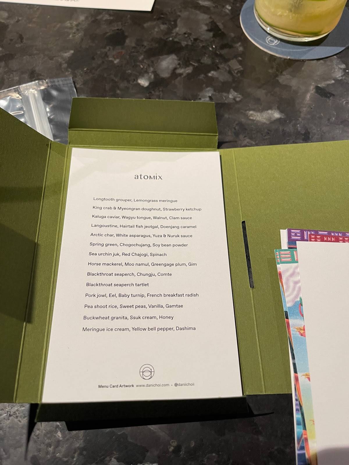 Menu at ATOMIX restaurant, New York City