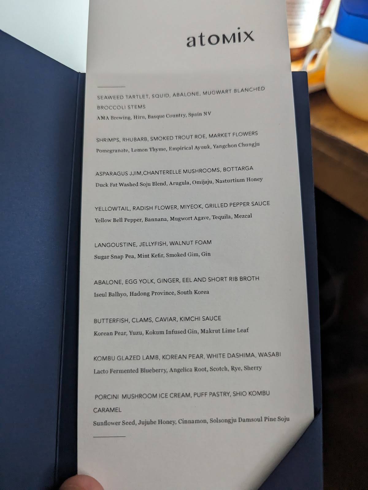 Menu at ATOMIX restaurant, New York City
