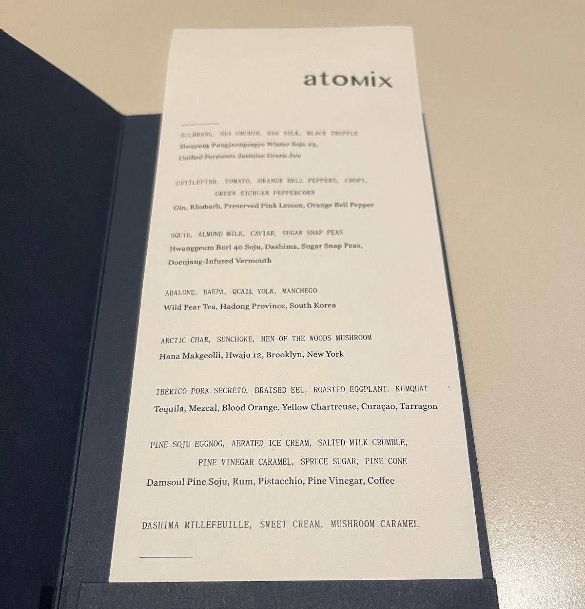 Menu at ATOMIX restaurant, New York City