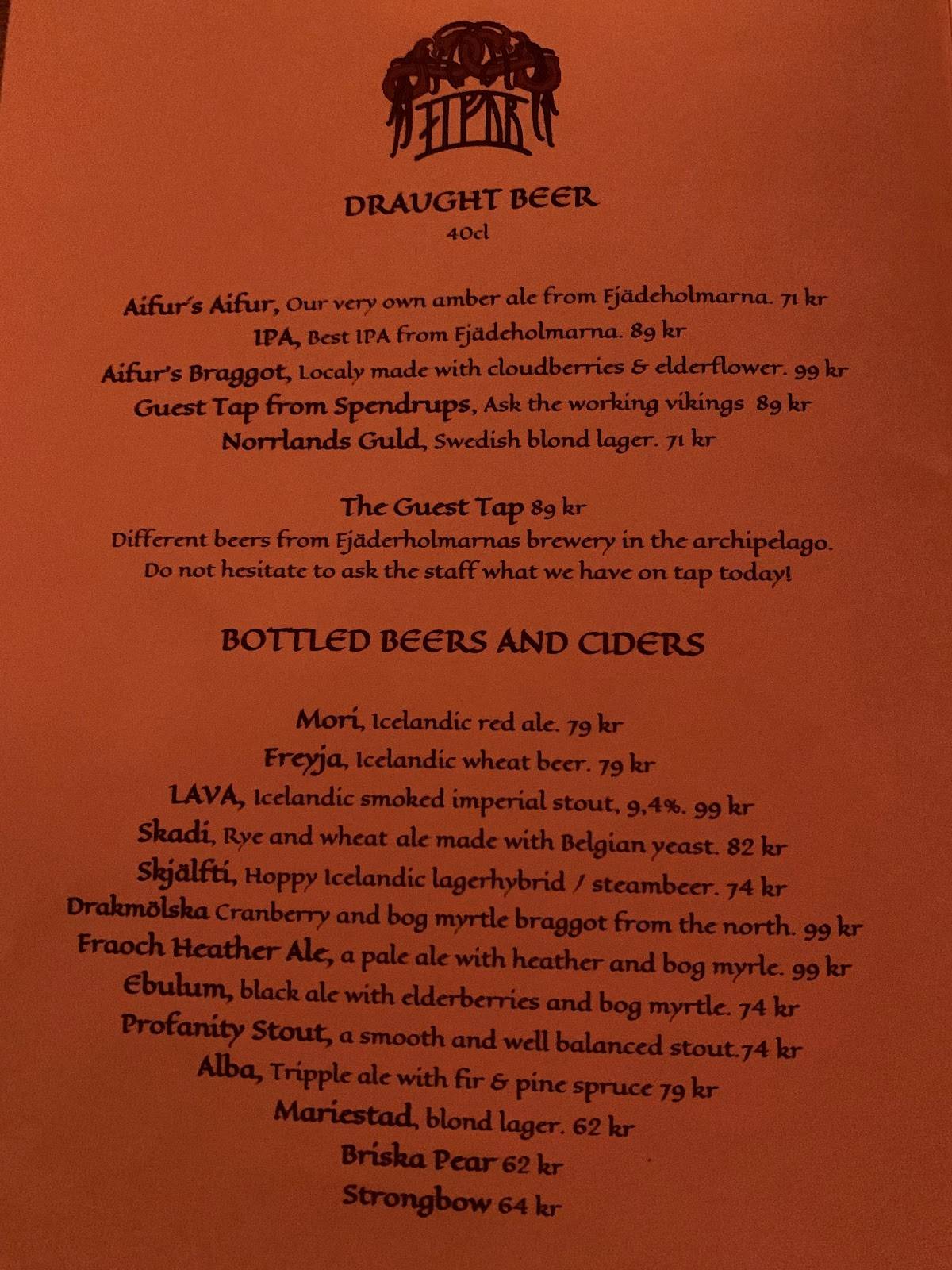 Menu at Aifur restaurant, Stockholm, Västerlånggatan 68b