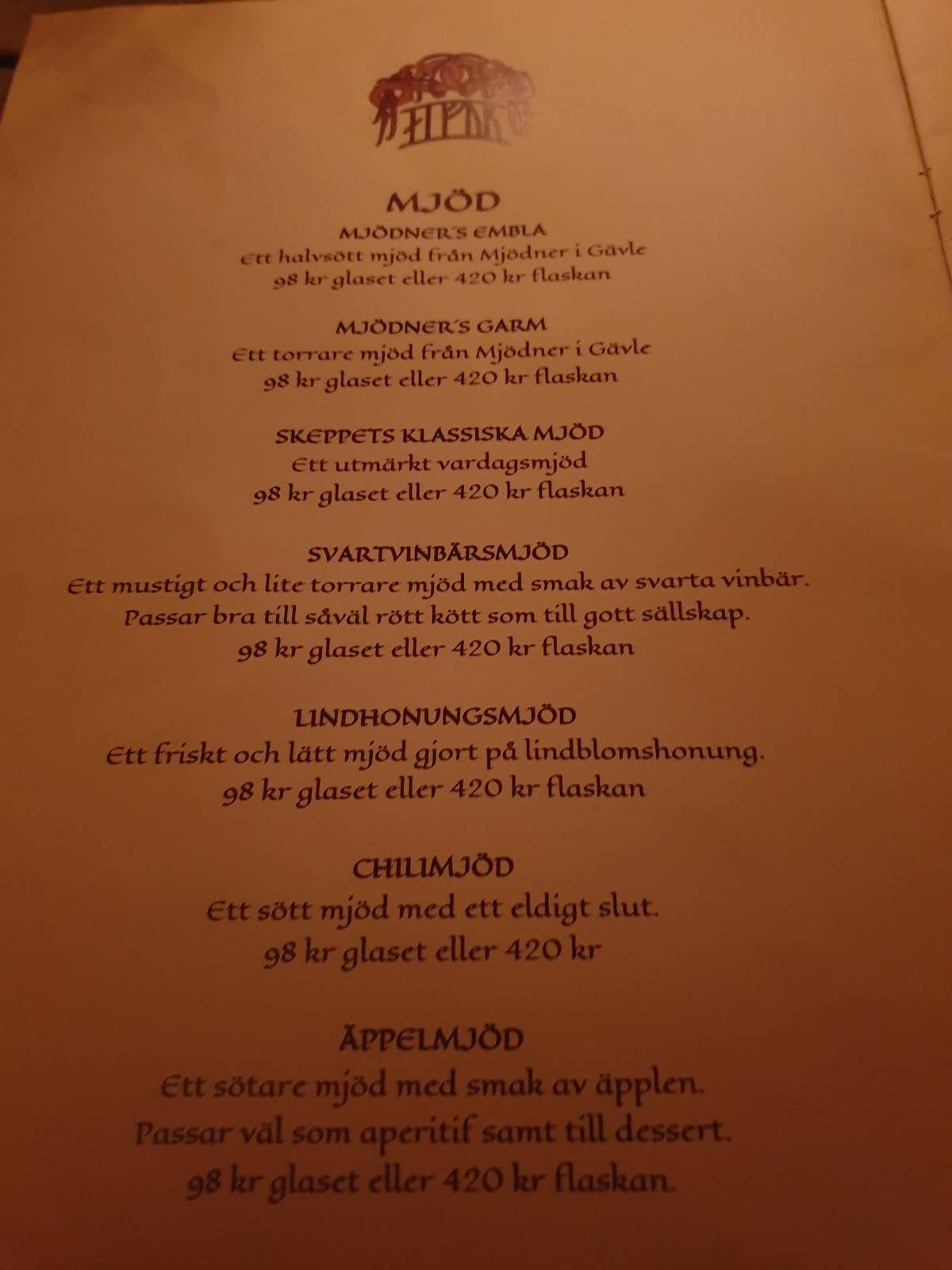 Menu at Aifur restaurant, Stockholm, Västerlånggatan 68b