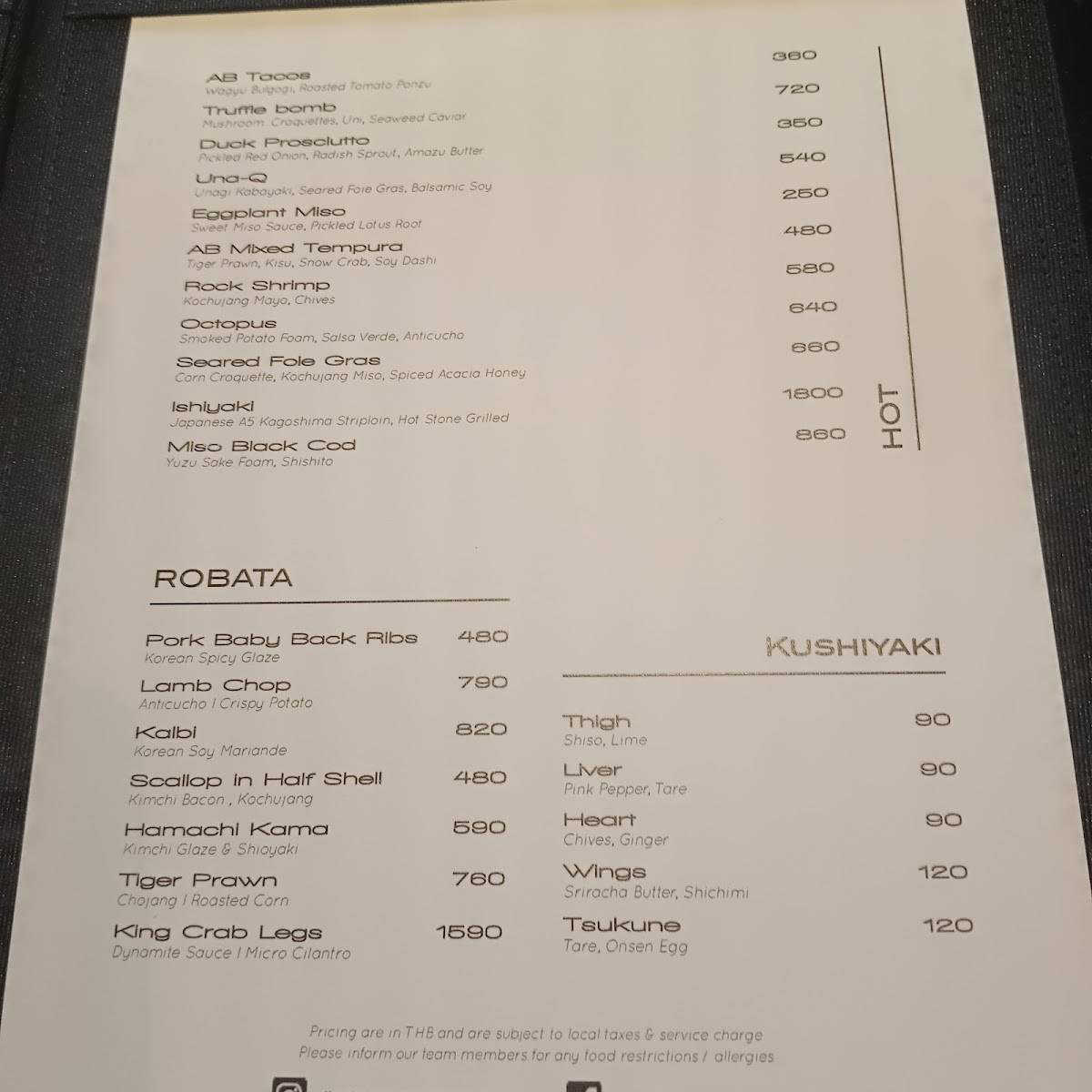 Menu at Akira Back restaurant, Bangkok