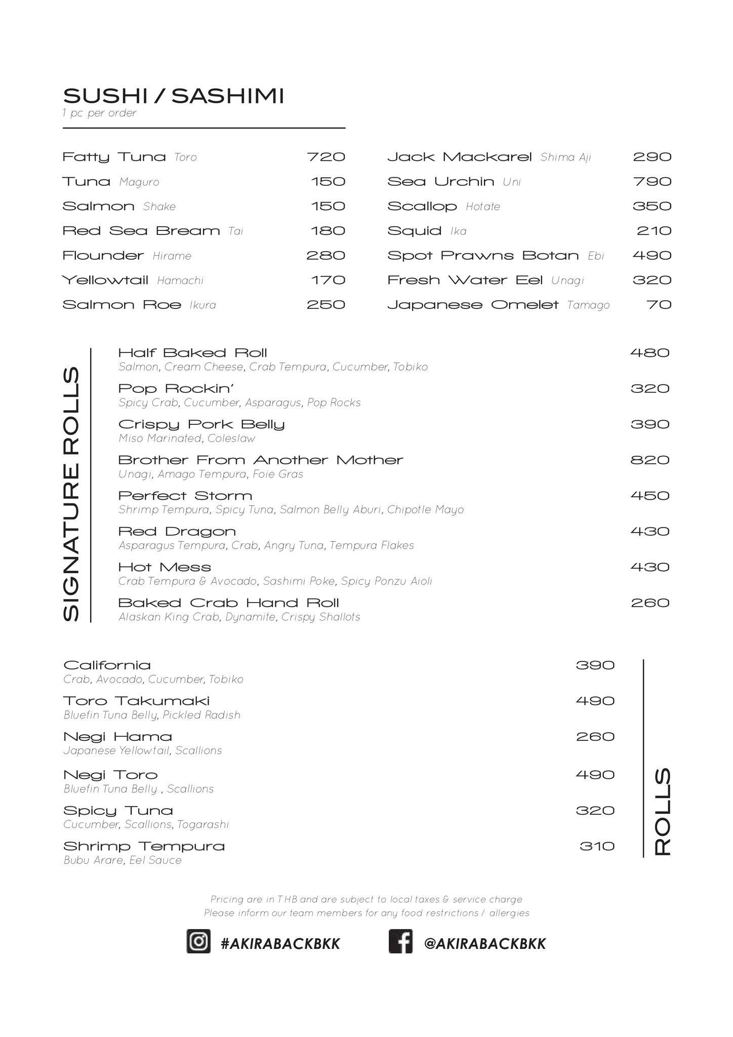 Menu at Akira Back restaurant, Bangkok
