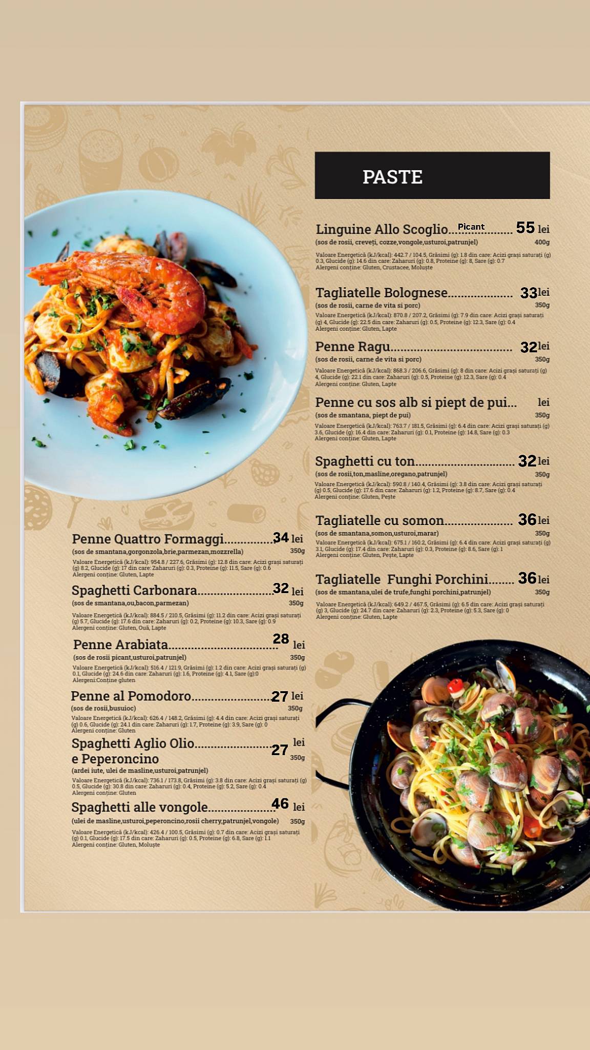 Menu at Al Kimbo, Gherla